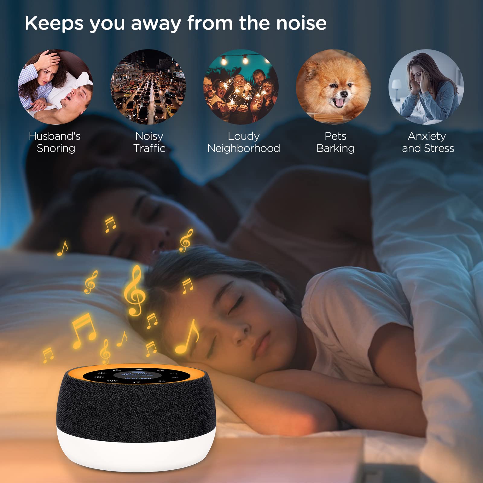 White Noise Machine with Warm Night Light for Adults Baby Sleeping, Sound Machine for Bedroom Kids with 32 Soothing Sounds, 6 Timers, Rechargeable & Headphone Jack