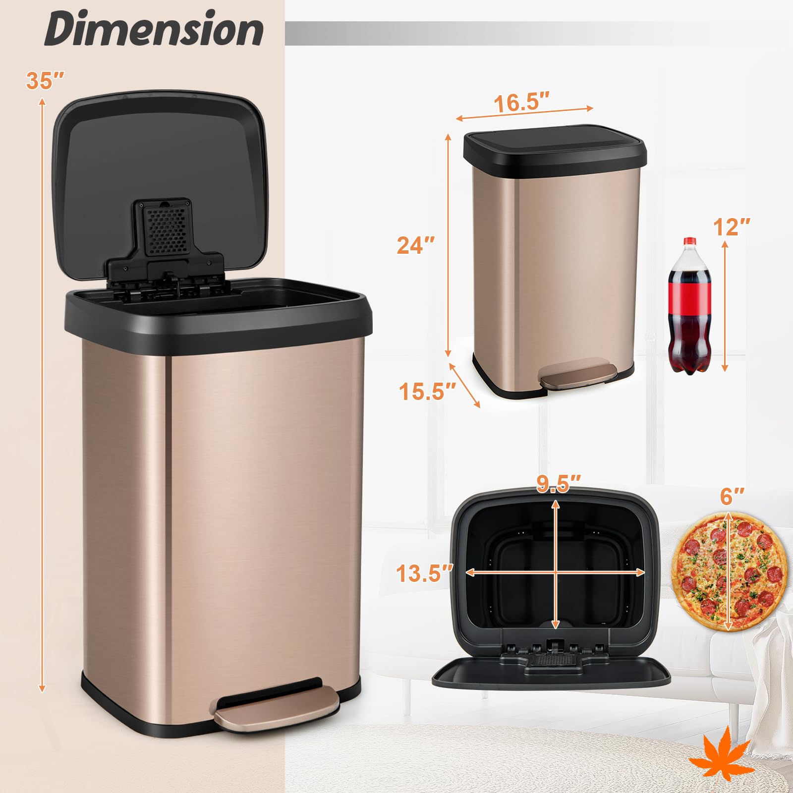 S AFSTAR 13.2 Gallon Step Trash Can, Stainless Steel Garbage Bin with Soft Close Lid & Deodorizer Compartment, Fingerprint-Proof Trash Bin, Step-On Trashcan for Home Office Kitchen, Rose (Golden)