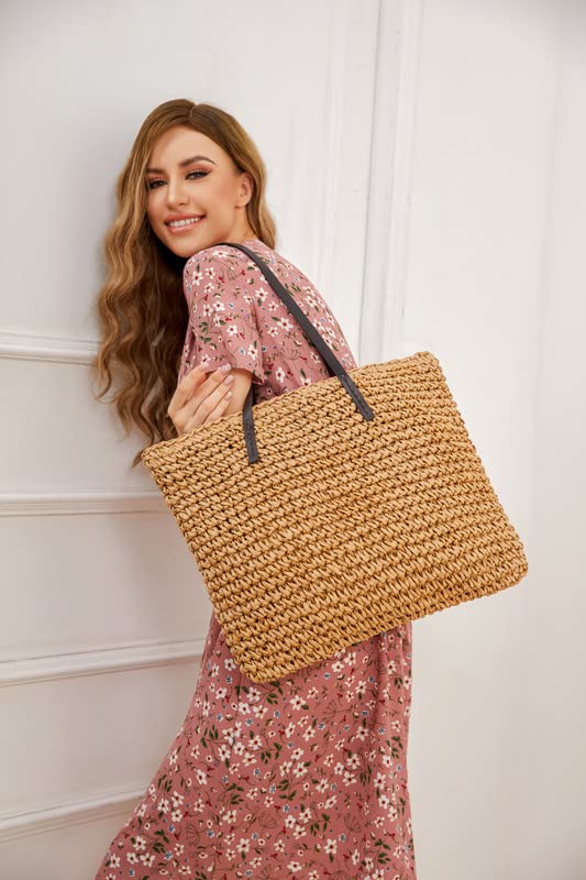 Hand-woven Soft Large Straw Shoulder Bag Boho Straw Handle Tote Retro Summer Beach Bag Rattan Handbag (Khaki