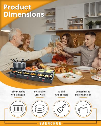 Saenchue Raclette Table Grill - Indoor Electric Grill Griddle - Nonstick Extra Large Reversible 4-In-1 Outdoor Dishwasher Safe with Cheese 12 Paddles 12 Spatulas for 12 Person, FD-12