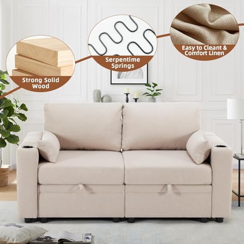 OHAHO Convertible Sectional Sofa Couch with Storage, Modern L-Shaped Sofa for Living Room with USB Port and Cup Holders (Beige, 2 Seater)