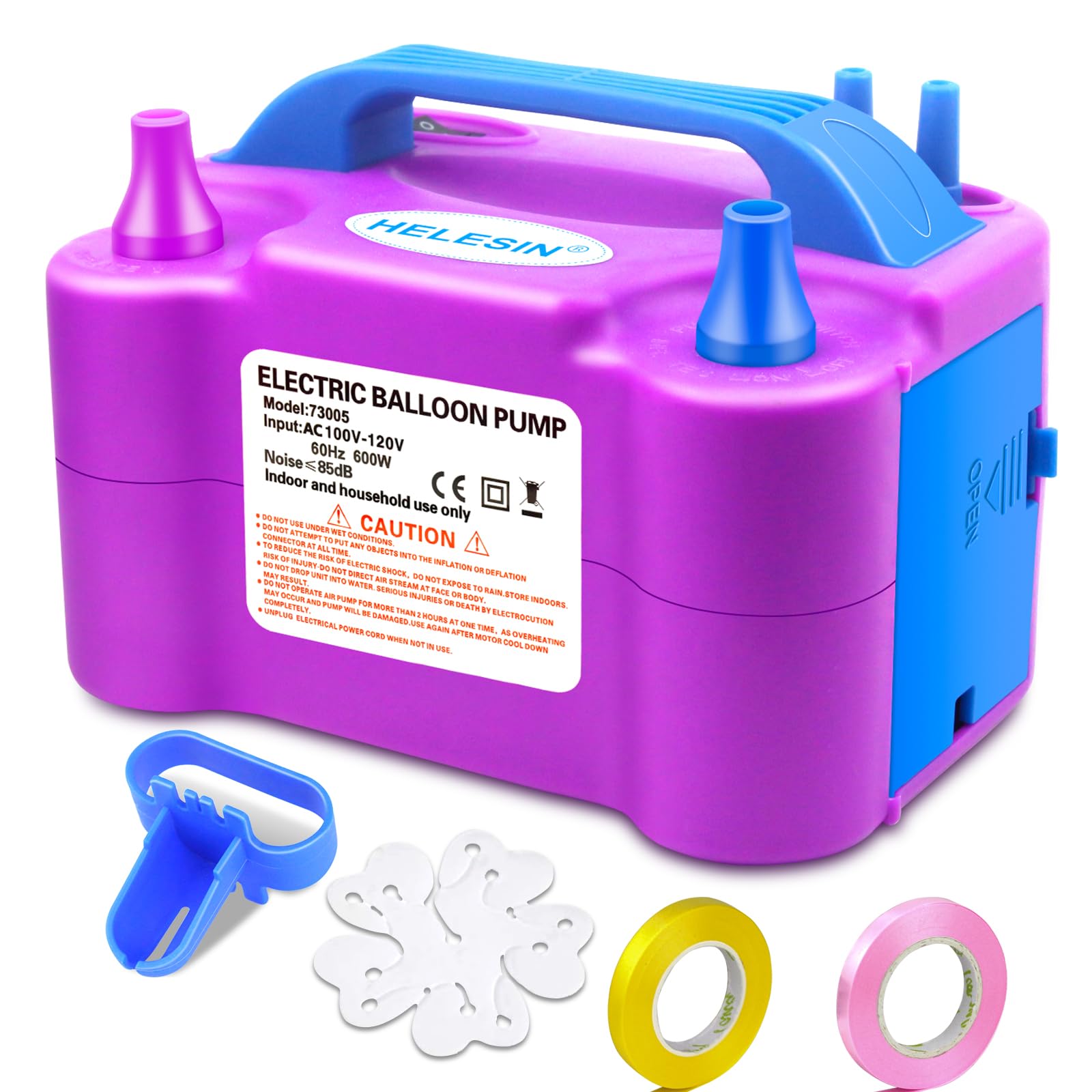 Electric Balloon Pump Electric Air Balloon Pump Portable Dual Nozzle Balloon Blower Pump Inflation with Tying Tool, Flower Clip and Colored Ribbons for Decoration, Party (Purple)