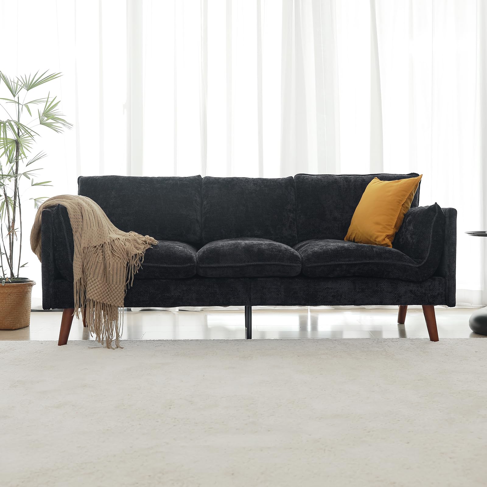 OHOHOLIVE 82" Chenille Couch Mid-Century Modern Design with Solid Wood Legs, Soft Cushions 3 Seat Sectional Sofa Couch - Ideal for Bedroom, Living Room, Small Apartment, Studio, Office