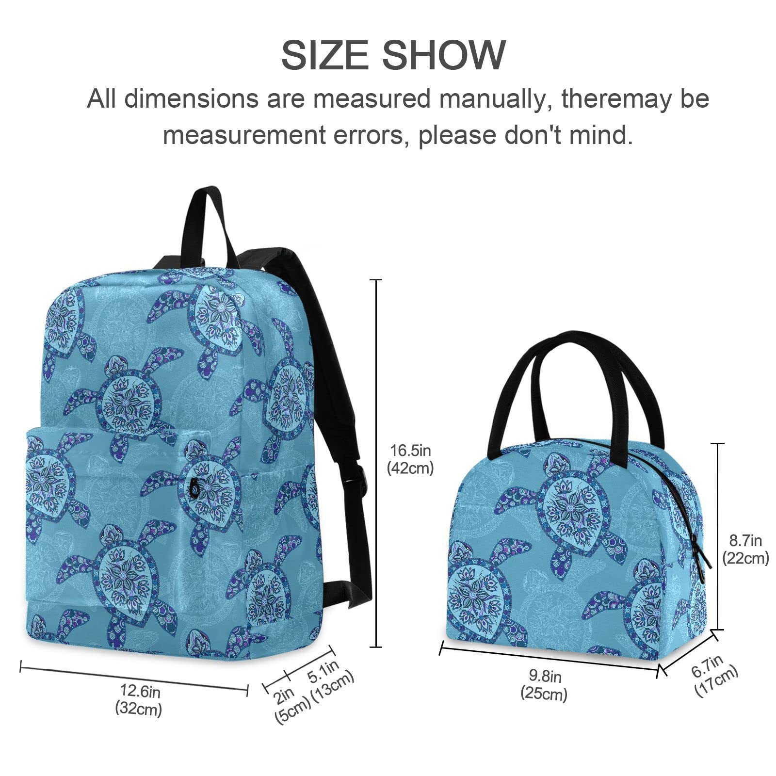 FOLIOSA Kid's Backpack Lunch Bag Set Art Teal Sea Turtle Print, Large Capacity Insulated Scratch-Resistant Backpack with Lunch Kit for School Work Suits for 6+ Years Teenager Boys Girls