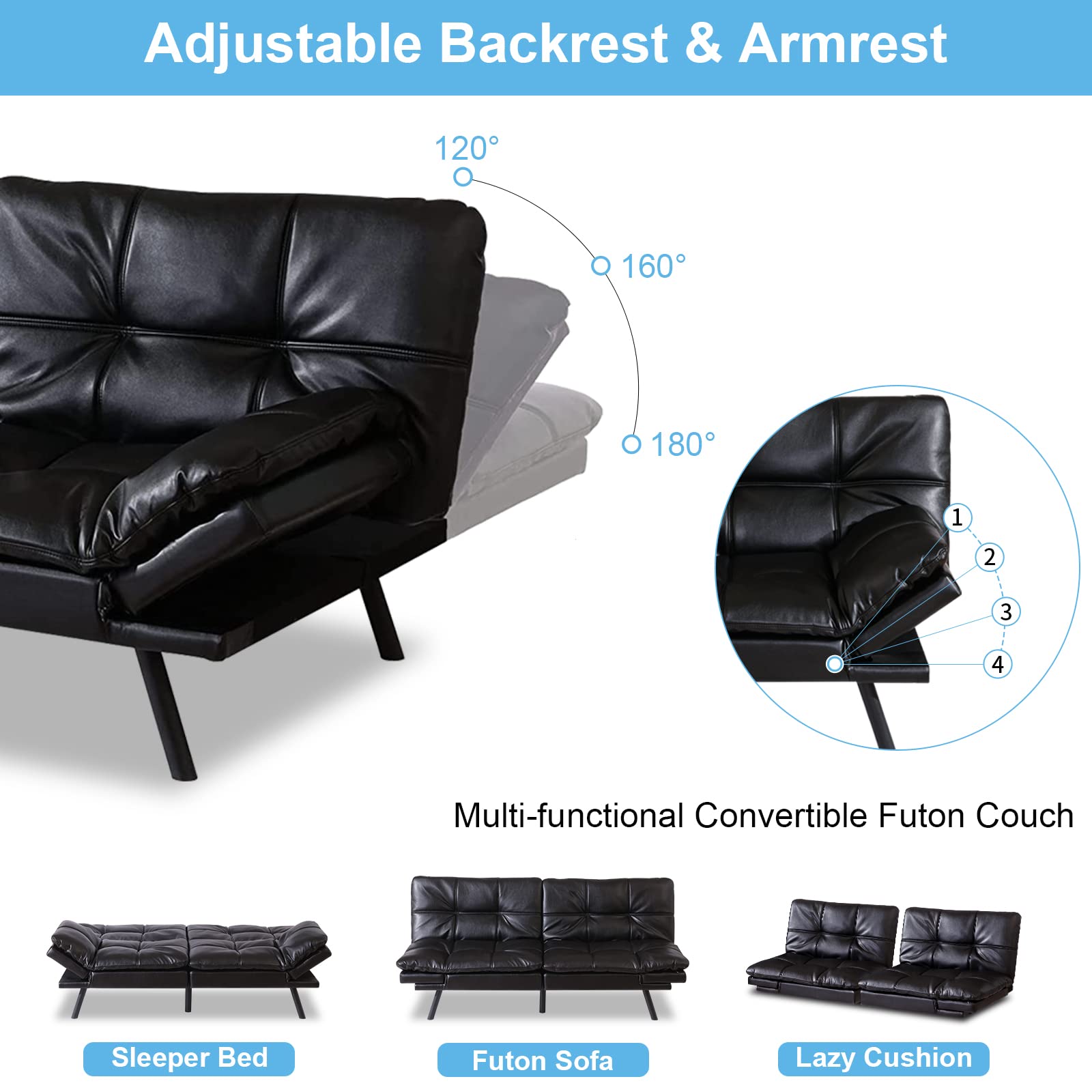 Opoiar Leather,Convertible Couch,Folding, Loveseat Sleeper Sofa Bed for Compact Living Spaces, Dorm,Office,Futon Sets Sofabed, Black-002