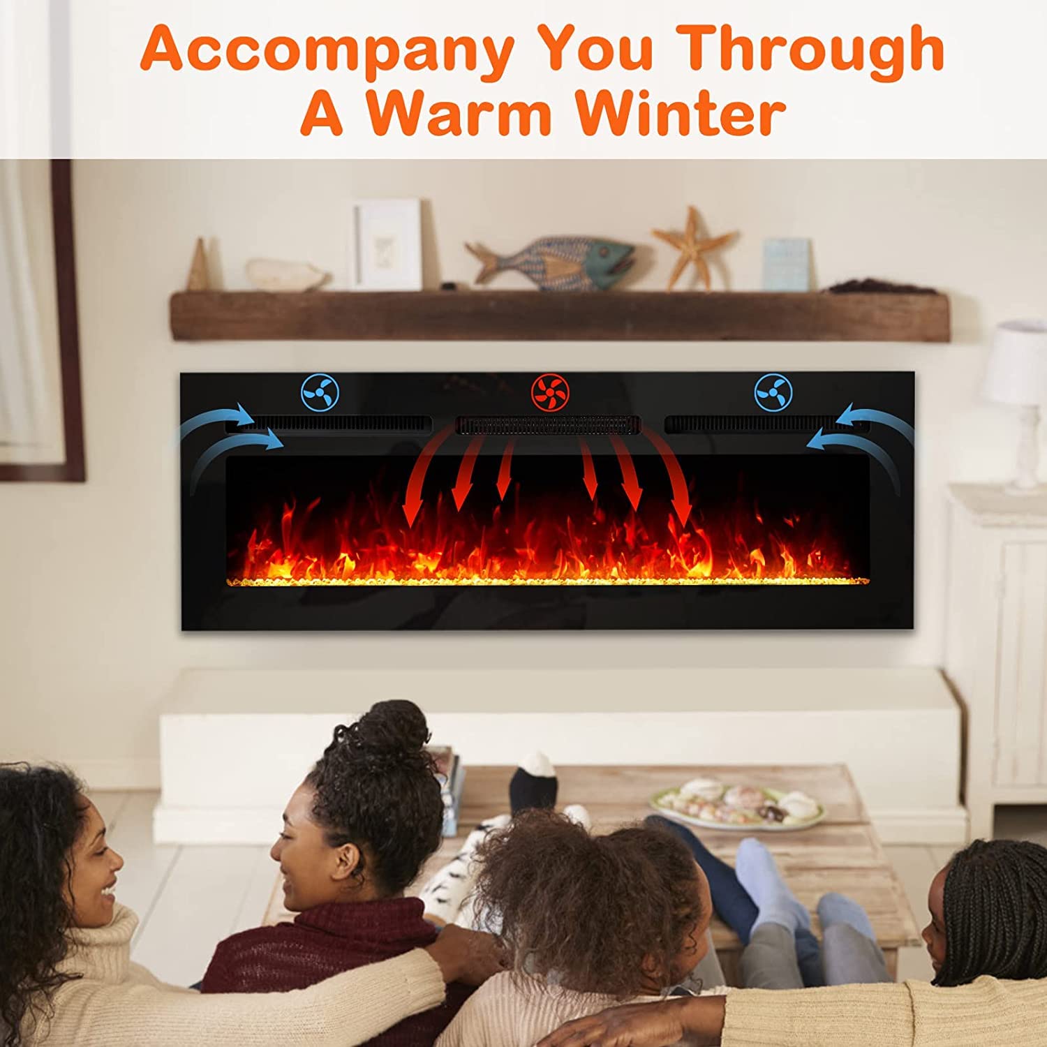 Electric Fireplace, 50 inch Recessed and Wall Mounted Electric Fireplace with Remote Control, Timer and Touch Screen, 12 Adjustable Flame Color and Speed, 750W/1500W
