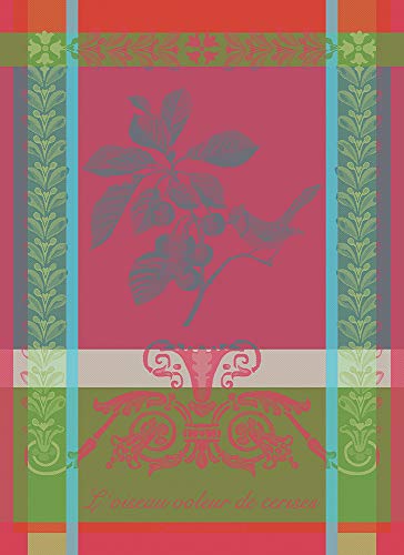 Garnier-Thiebaut, Voleur de Cerises, Rose French Jacquard KitchenTea Towel, 100 Percent Cotton, 22 inches x 30 inches