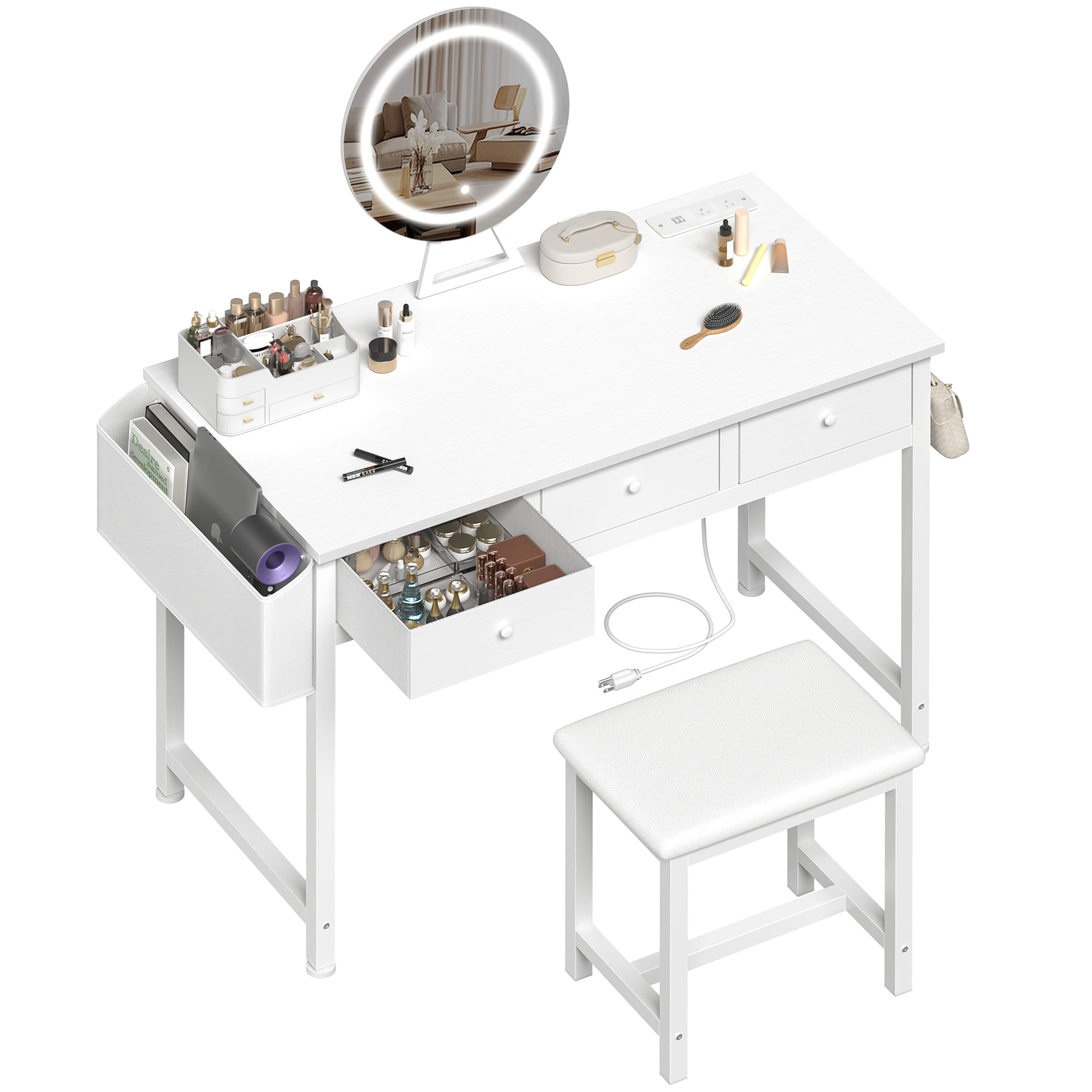 KAI-ROAD Makeup Vanity Desk with Mirror and Lights - Small White Vanity Table with Fabric Drawers & Chair, Power Outlet, Modern Make Up Vanitys Desks Set, Dressing Table for Girls Bedroom