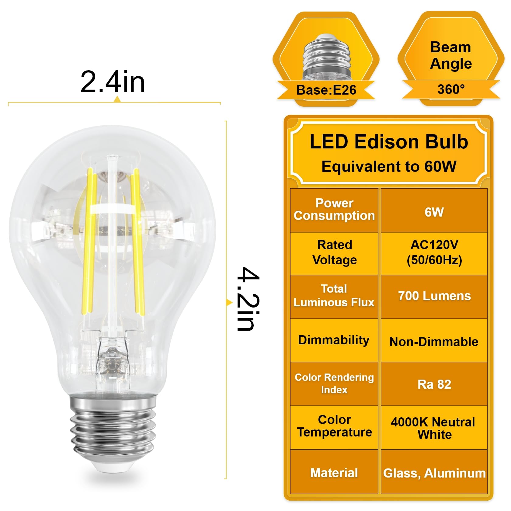 ORALUCE LED Edison Light Bulb 60 Watt Equivalent E26, Vintage Clear Light Bulbs 6W 4000K Neutral White 700 Lumen, A19 LED Filament for Ceiling Light Fixture, Non-dimmable, 6 Pack