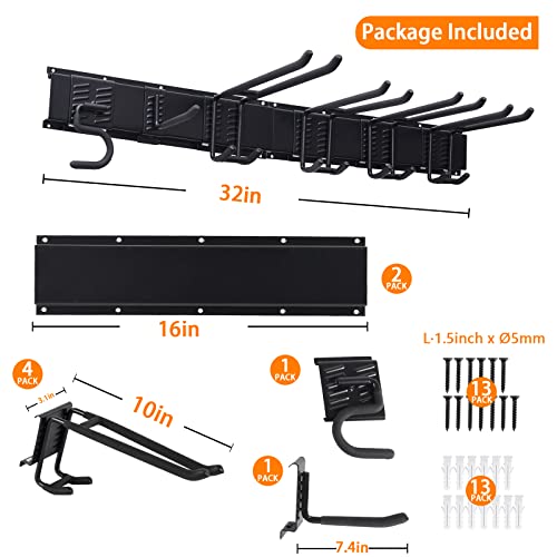 Garage Tool Storage Rack, 32 Inch Adjustable Garage Organizer Wall Mounted 8 PCS Garage Storage with 6 Hooks, Super Heavy Duty Garden Tool Hanger for Shovels, Rake Shovel Yard Tools,Hold Up to 300lbs