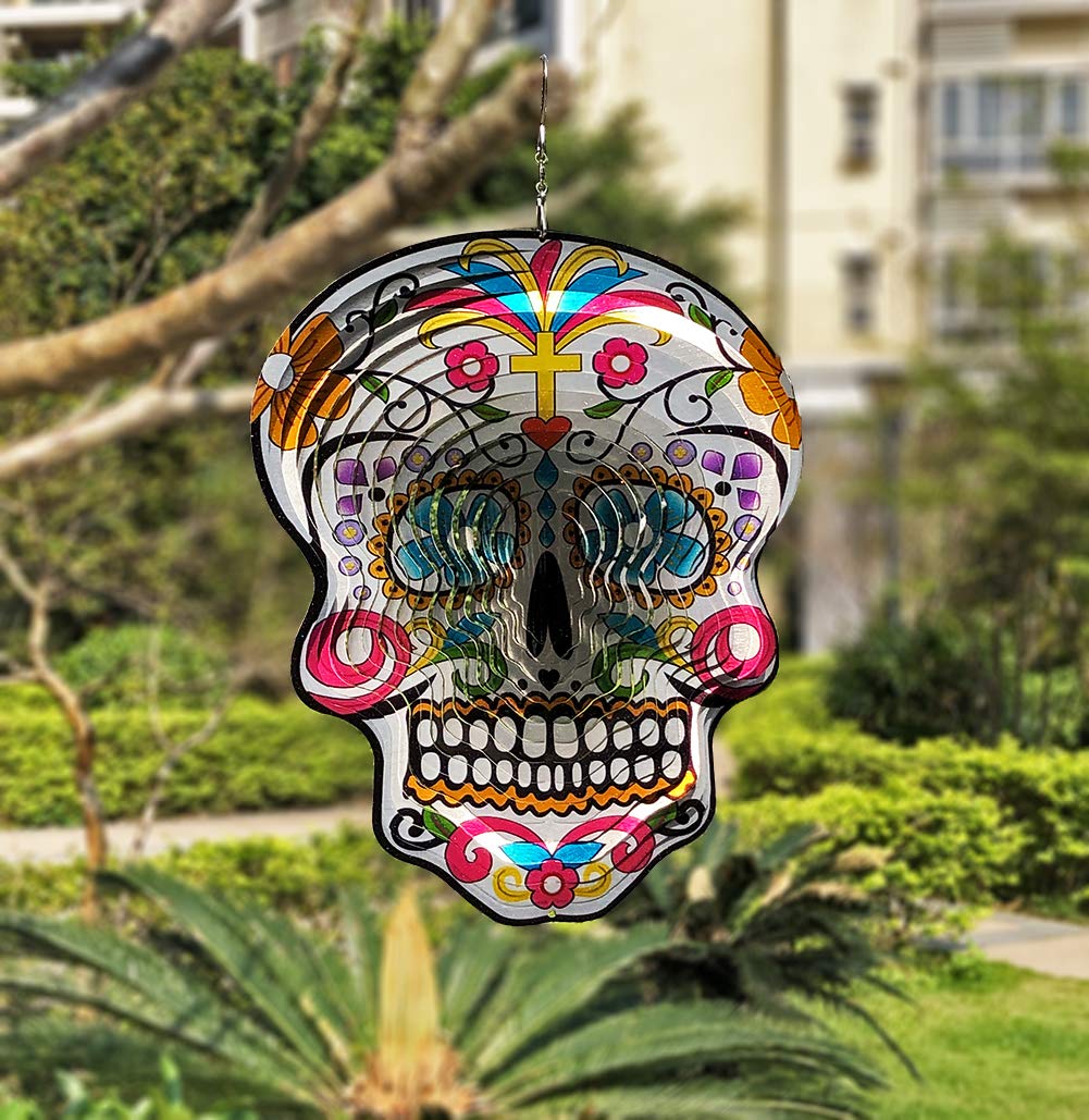 Fonmy Kinetic 3D Metal Garden Wind Spinner Unique Gifts Outdoor Decorations Quality Hanging Ornament for Home and Garden 12inch Mandala Silver Sugar Skull Wind Spinners