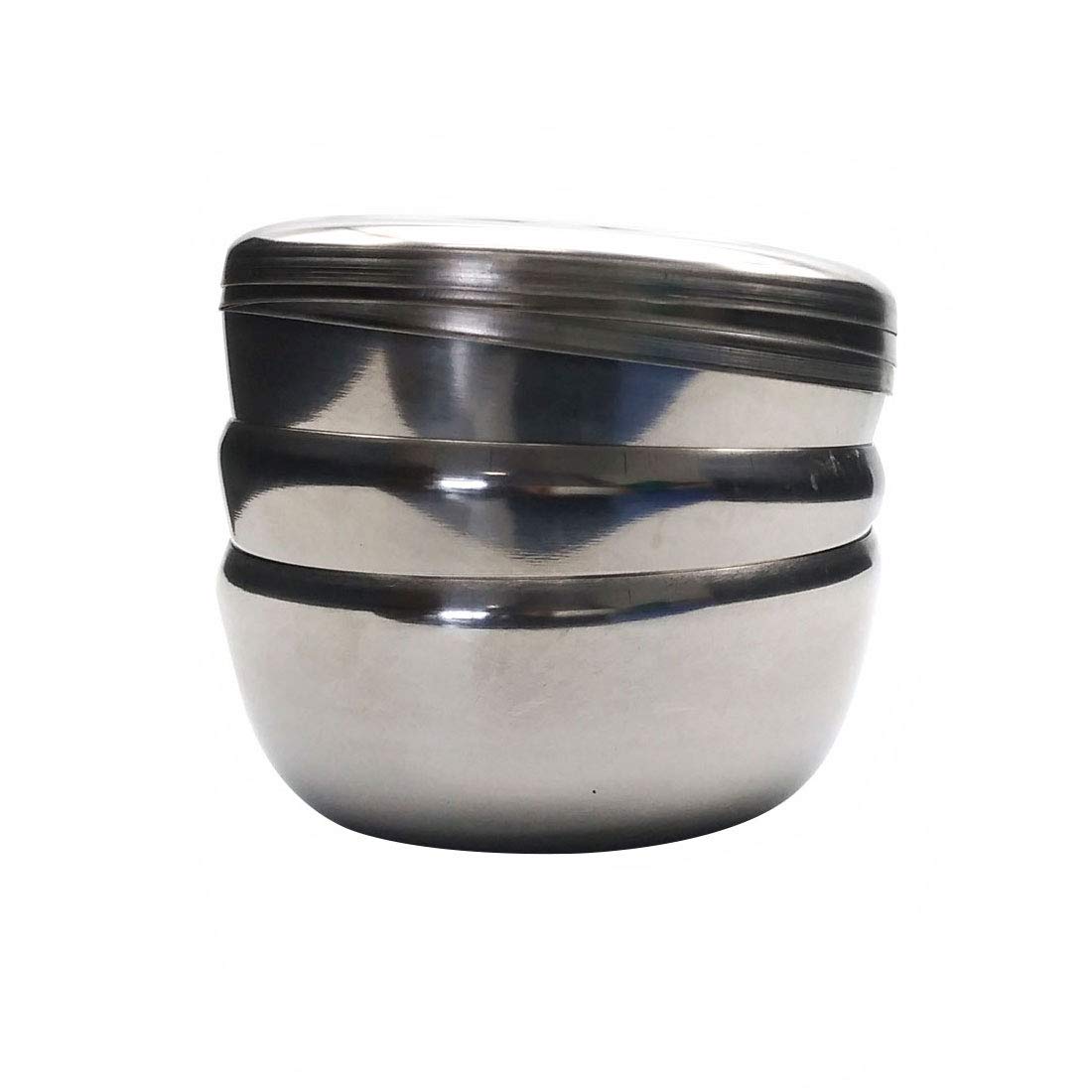 GARASANI 3 Pack Korean Traditional Stainless Steel Good Fortune Rice Bowl with Lid Set (Silver 3Pcs)