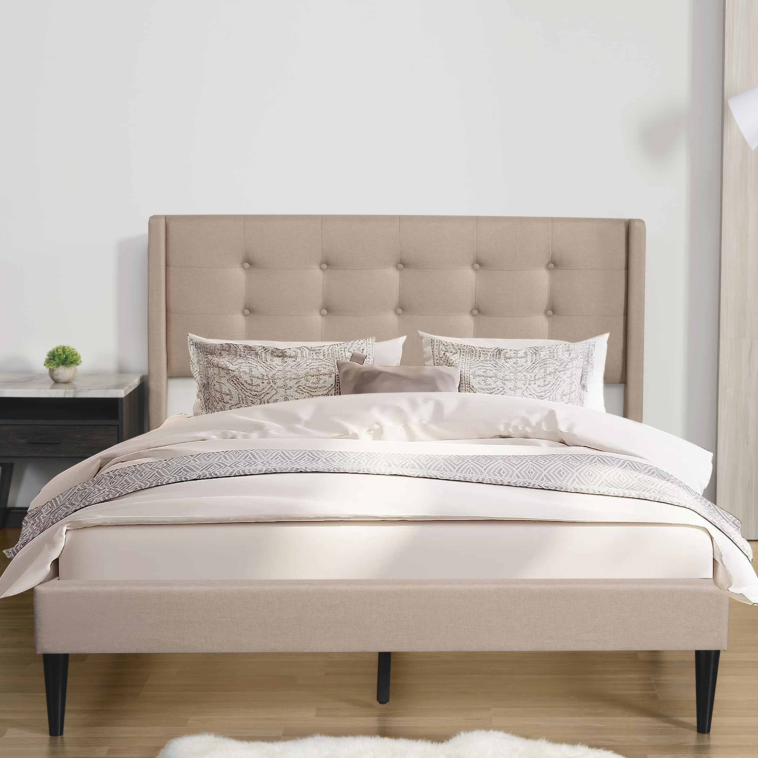 PrimeZone Queen Size Bed Frame - Modern Platform Bed Frame with Wingback Tufted Headboard, Linen Fabric Upholstered Bedroom Bedframe with FSC-Certified Poplar Wood Slats, No Box Spring Needed, Grey