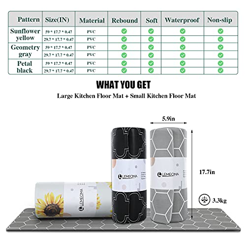 Gray Kitchen Mats for Floor,PVC Cushioned Anti-Fatigue Comfort Mat,2 Piece 0.47in Super Thick Kitchen Rugs【59In】 for Kitchen Sink Office Laundry Room