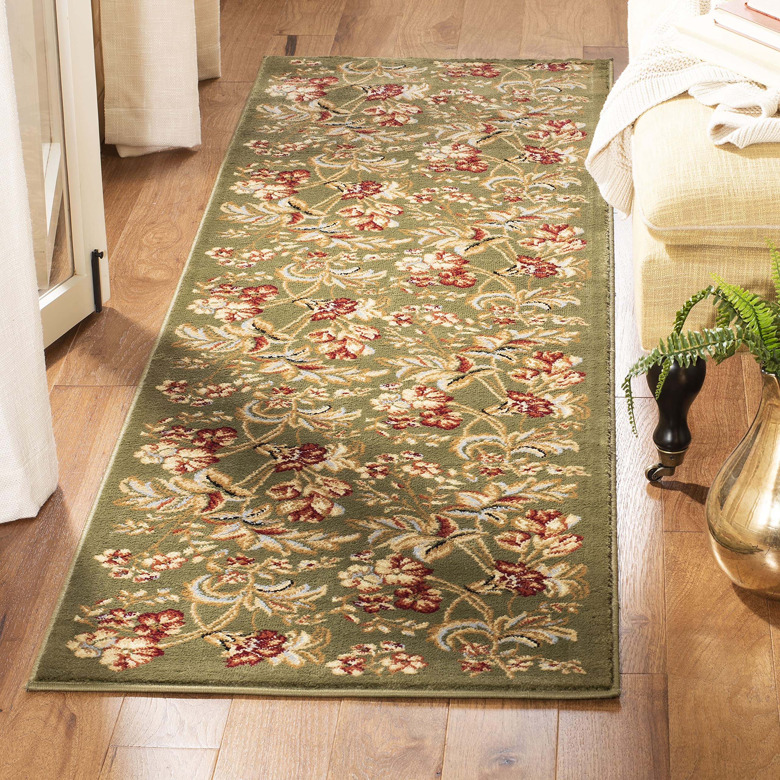 SAFAVIEH Lyndhurst Collection Runner Rug - 2'3" x 6', Sage, Traditional Floral Design, Non-Shedding & Easy Care, Ideal for High Traffic Areas in Living Room, Bedroom (LNH326B)
