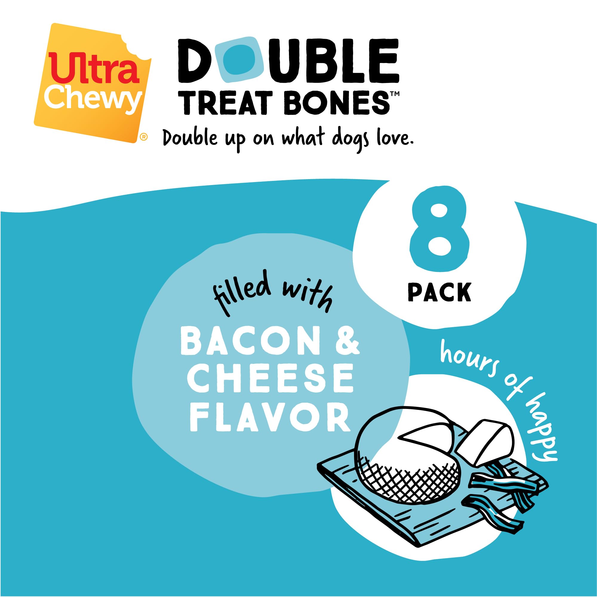 Ultra Chewy Double Treat Bones: Long-Lasting Dog Treats Made in USA for Large and Small Breeds, Highly Digestible, Ideal for Aggressive Chewers (Bacon & Cheese, 24 Count)