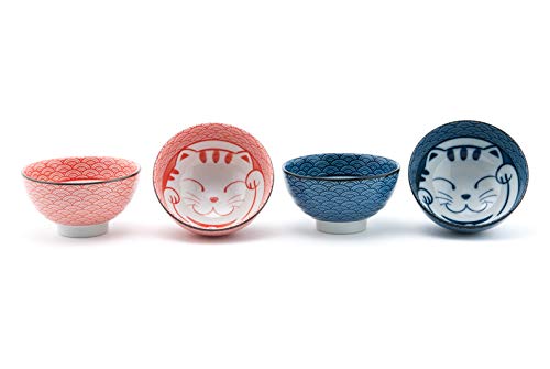 Fuji Merchandise Japanese Porcelain Multi Purpose 4.5" Diameter Bowl Set of 4 Maneki Neko Lucky Cat Meow Gift Set Made In Japan