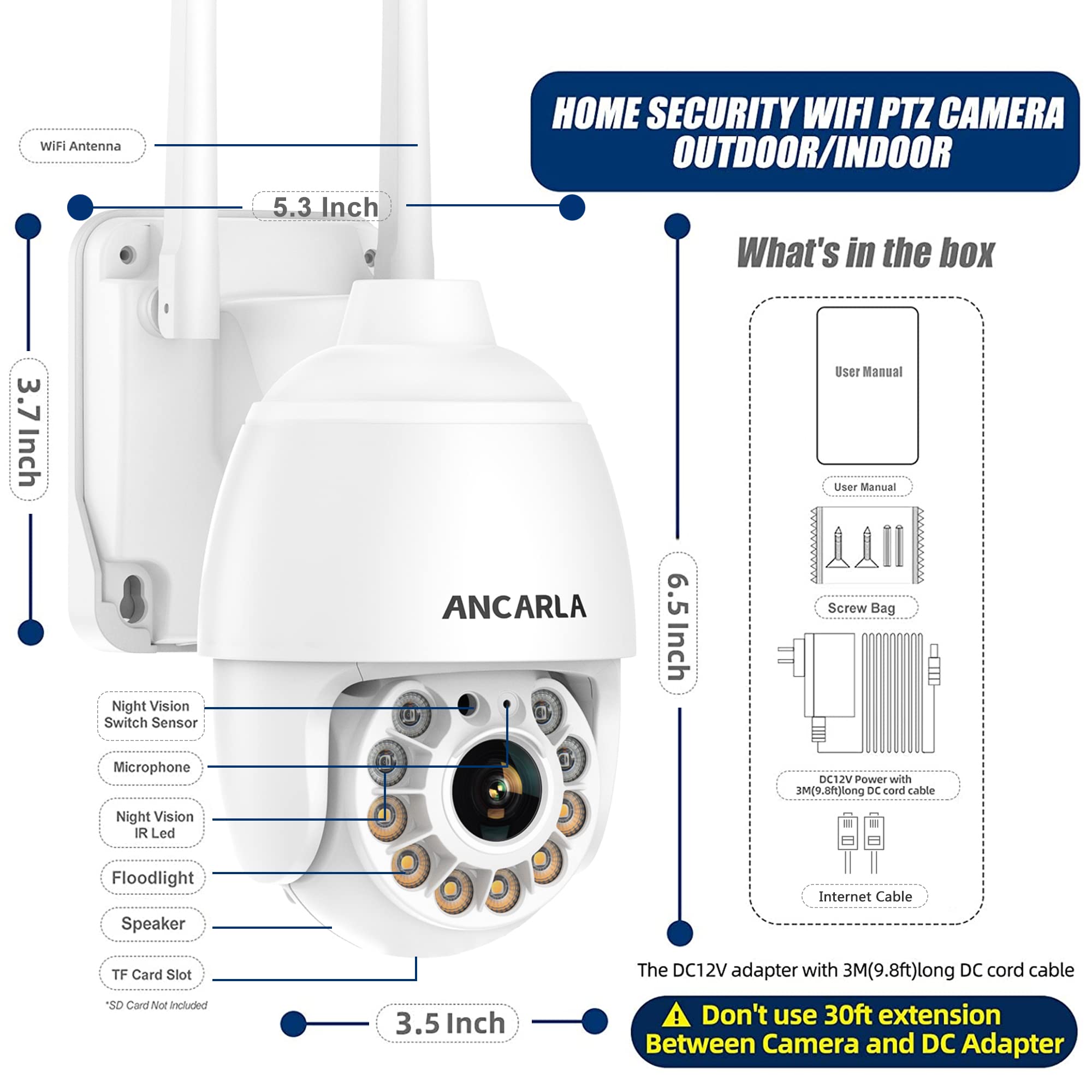 Security Camera WIFI Wireless 360° View Smart Home Surveillance Cameras with Motion Detect,Color Night Vision,Two Way Talk,Human body Auto Tracking,The Camera need to connect to the DC12V power supply