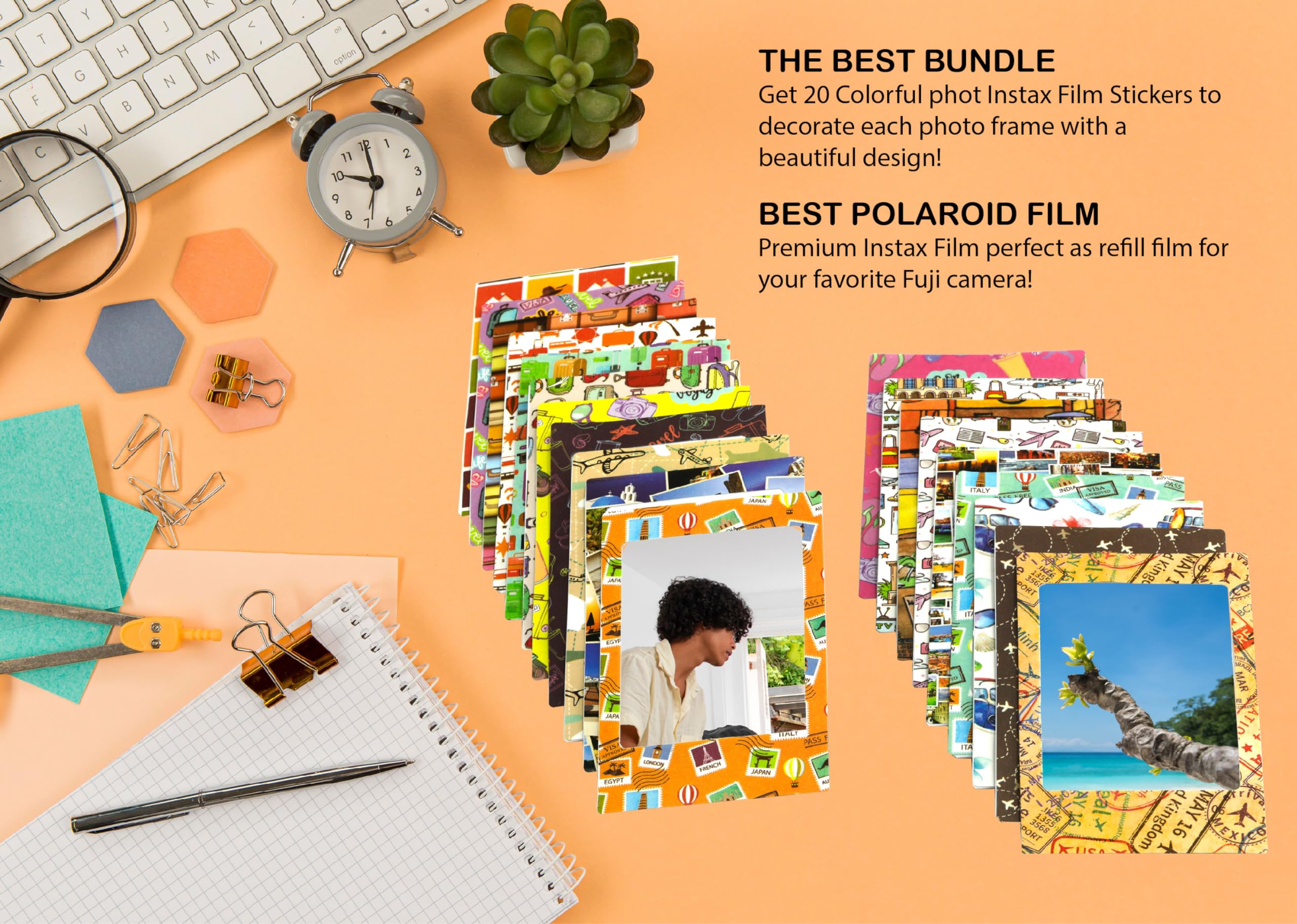 Fujifilm Instax Mini Instant Film 20 Exposures, 20 Sticker Frames for Fuji Instax Prints, Bundle