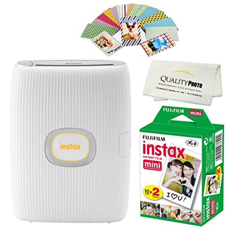 Fujifilm Instax Mini Link 2 Smartphone Printer Plus Films 20 Pack, Stickers and Bonus All-Purpose Microfiber Cloth (Clay White)
