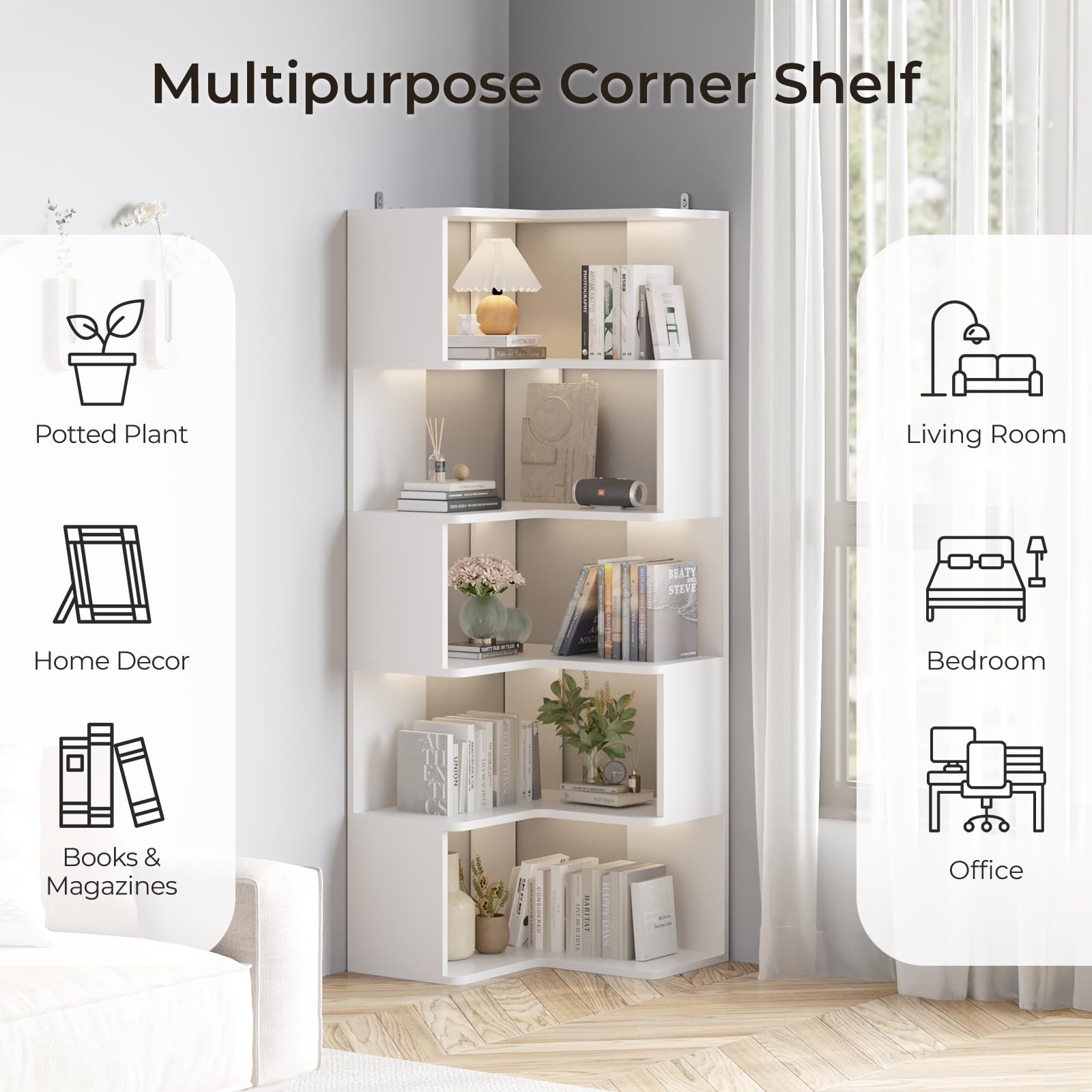 Karl home Corner Rack,64.96" Bookshelf with Anti-Drop Panel,Modern Shelf Display Rack Storage,Wooden Open Display Shelving Storage Rack,for Bedroom,Living Room,Small Space,Home Office,Bar,White