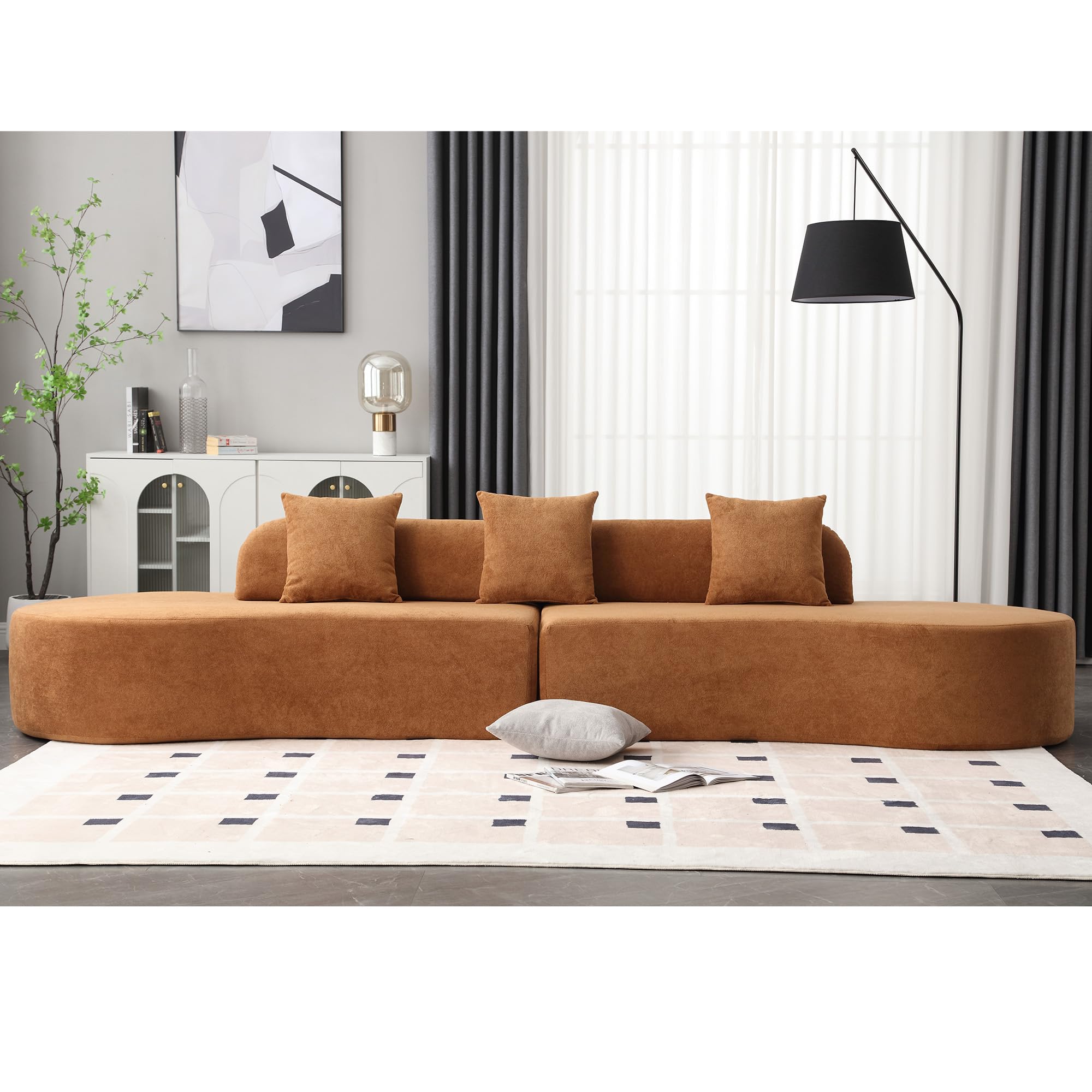 KarvinshCraft Curved Sectional Sofa, Modern Sectional Sofa with Terrycloth Fabric 4-Seater Oversized Curved Couch with 3 Pillows Modern Sofas for Living Room Apartment Bedroom Brown
