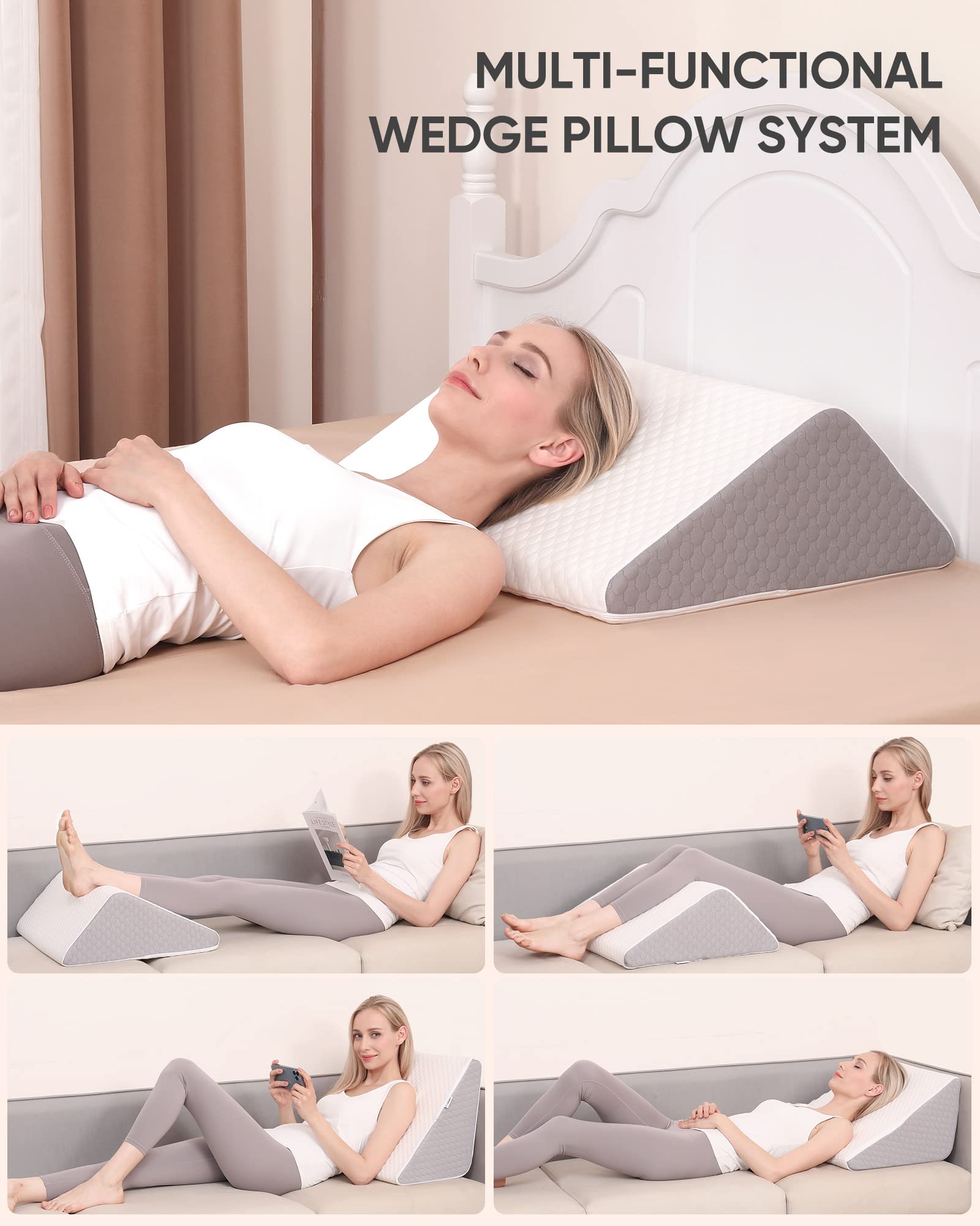 Forias Knee Wedge Pillow 8" Pure Memory Foam Bed Wedge Pillow for Sleeping After Surgery Triangle Pillow for Knee Support Leg Elevation Sciatica Knee Hip Back Pain Relief