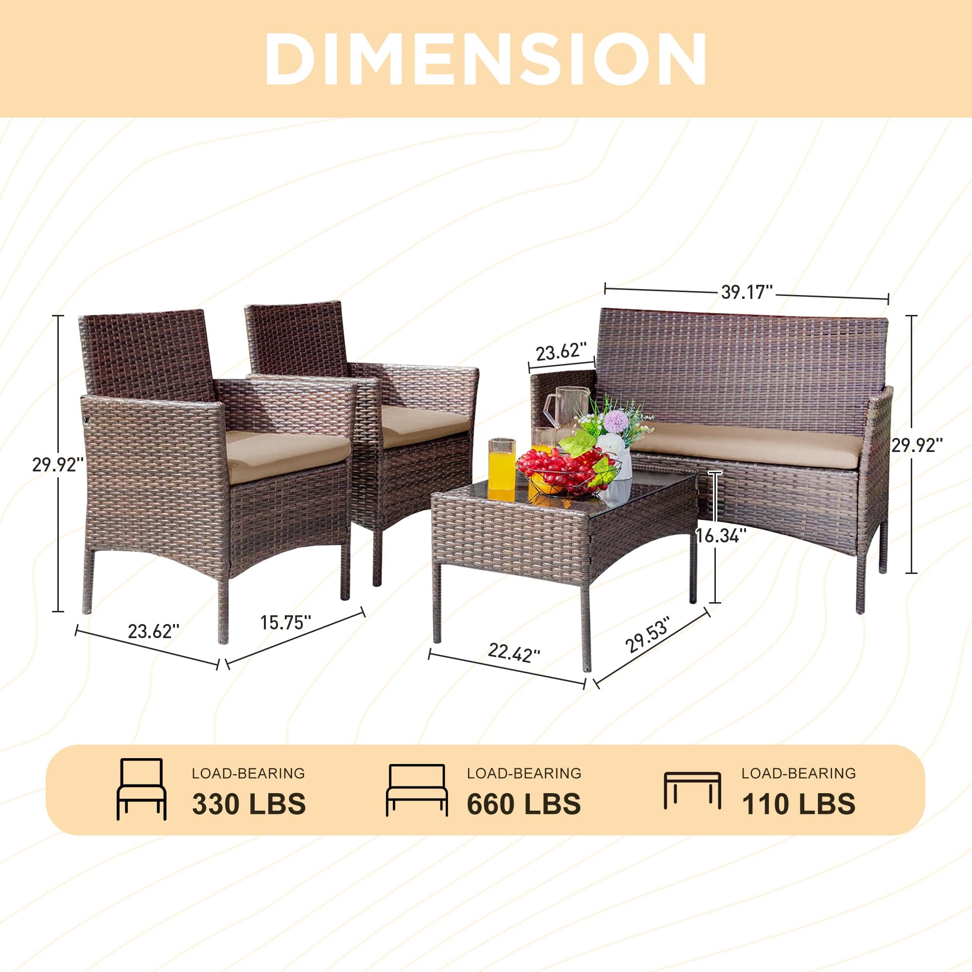 PROHIKER 4 Piece Outdoor Wicker Patio Conversation Furniture Set, Rattan Chair Wicker Sofa Garden Conversation Sets with Cushion and Glass Table for Yard Pool or Backyard, Brown/Khaki