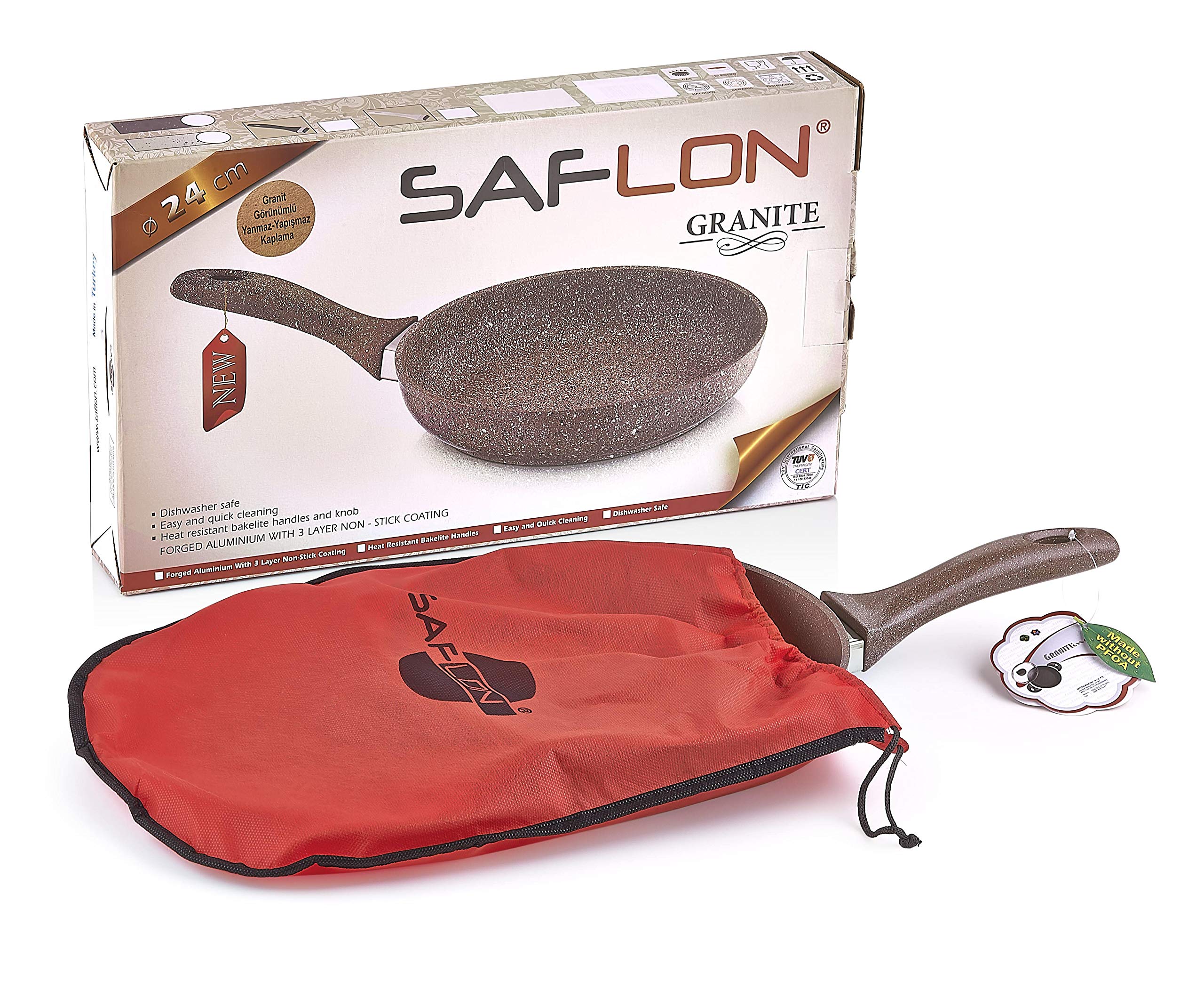 SAFLON Granite Frying Pan | Non-Stick | Scratch-Resistant Forged Aluminum w/QuanTanium Coating | Even Heating Cooking Dishware | Includes Storage Bag (9.5-Inch)