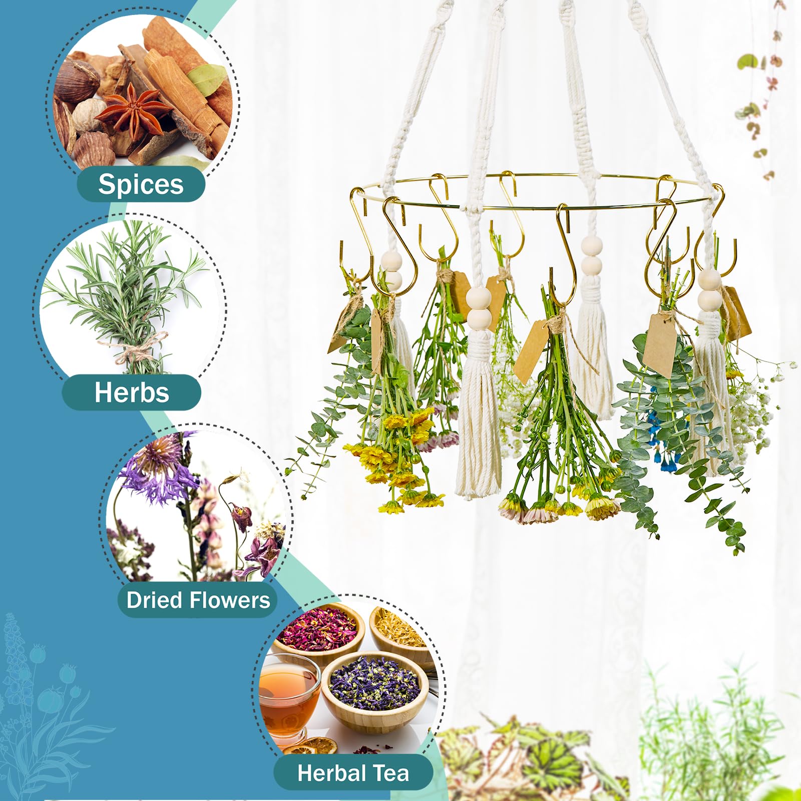 PROTITOUS 2pack Herb Drying Rack with 20pcs Golden Herb Dryer Hooks and 25PCS Brown Gift Tags and 32ft Natural Jute Twine herb Dryer,herb Dryer,Hanging Herb Dryer Rack(tassels style)