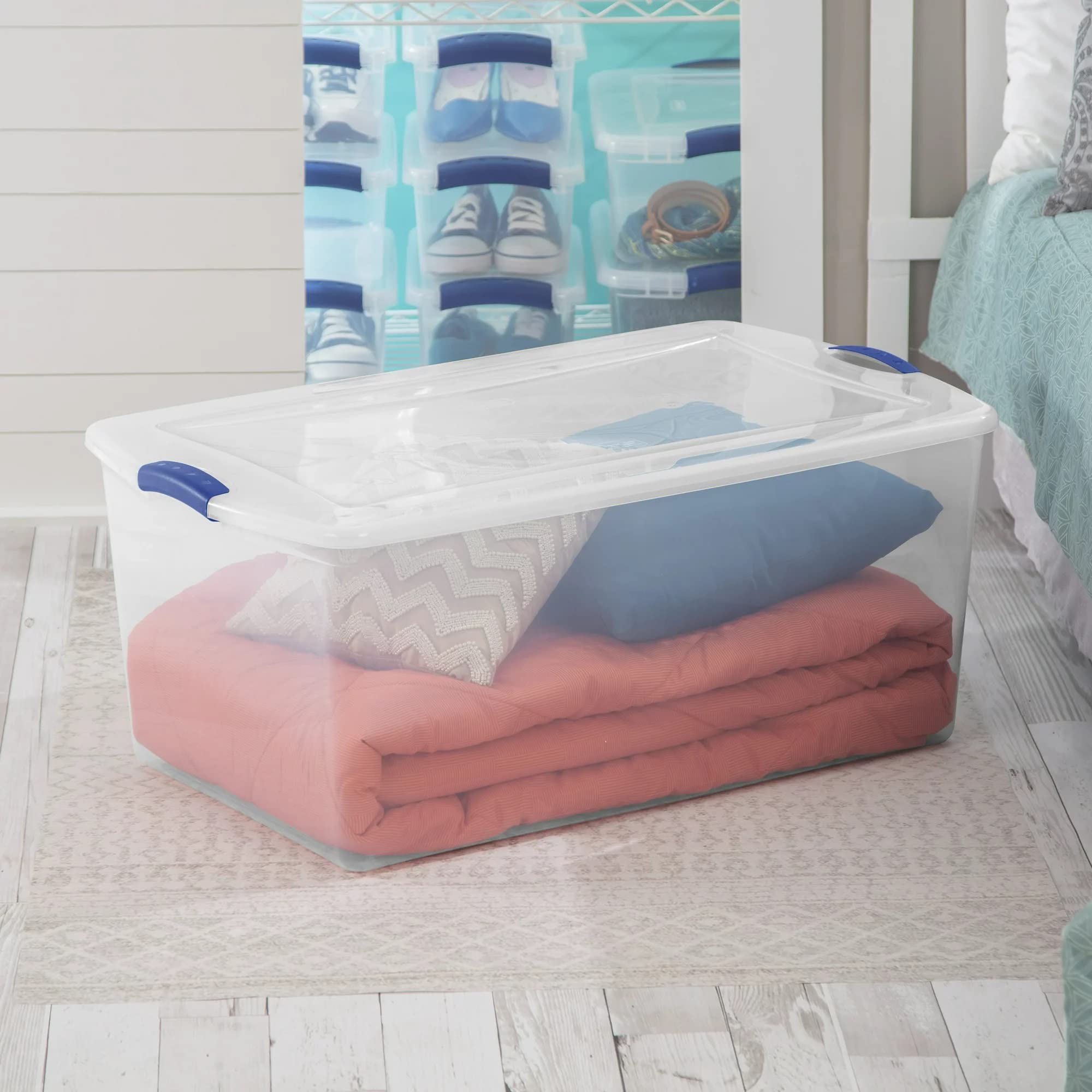 PuPLUM 105 Qt. Latch Box Plastic Storage Bin Tote Organizing Container With Durable Lid, Stackable and Nestable Snap Lid Plastic Storage Bin, 1 Pack, Clear With Blue Buckle