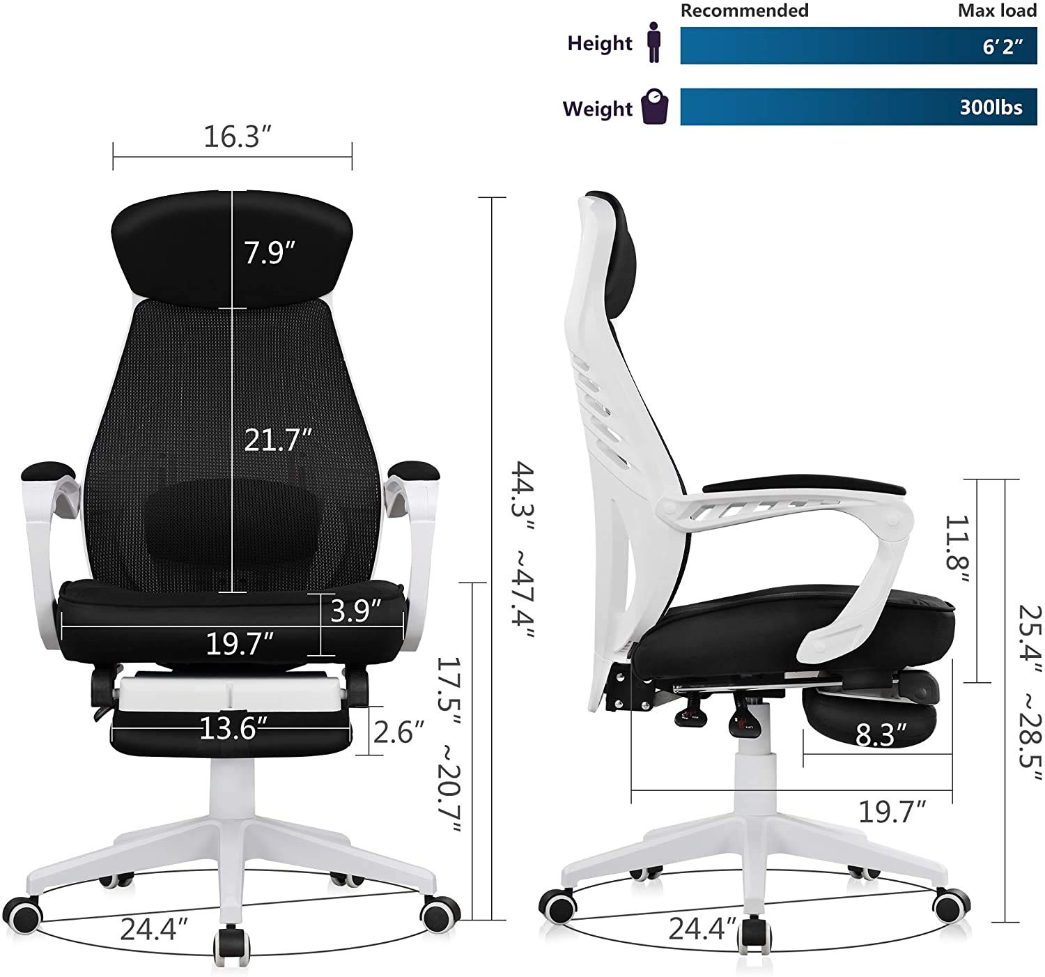 DEVAISE Mesh Recliner Office Chair, High Back Mesh Computer Desk Chair with Footrest and Adjustable Lumbar Support (White)