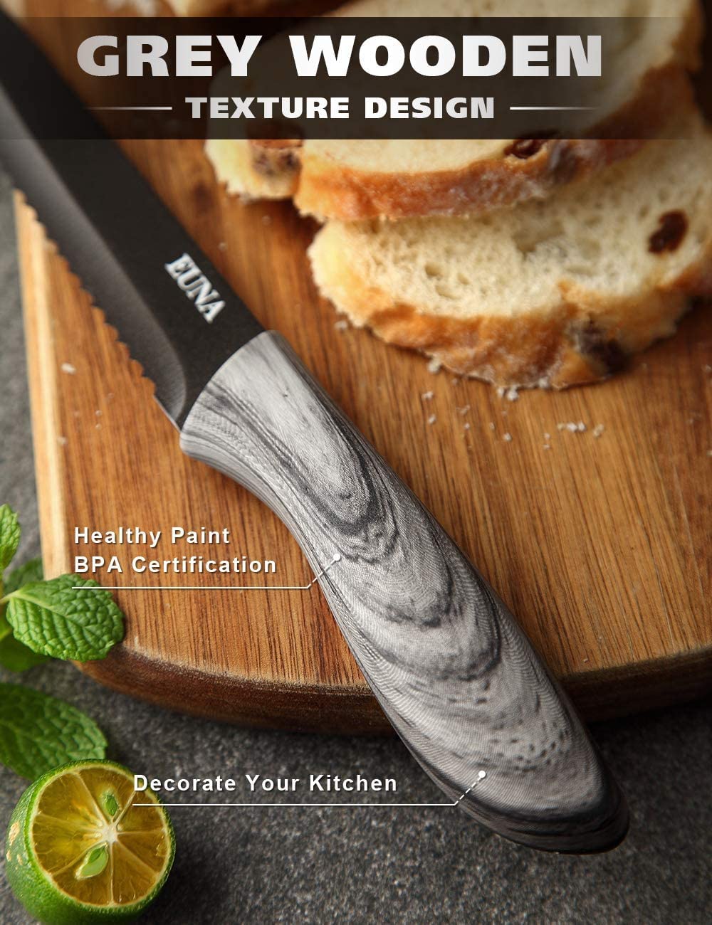 EUNA 5 Inch Bread Knife Ultra Sharp, Kitchen Knife with Sheath & Gift Box, Japanese Chef Knife for Multipurpose Cooking Professional, with PP Non-slip Handle & Non-sticking coating