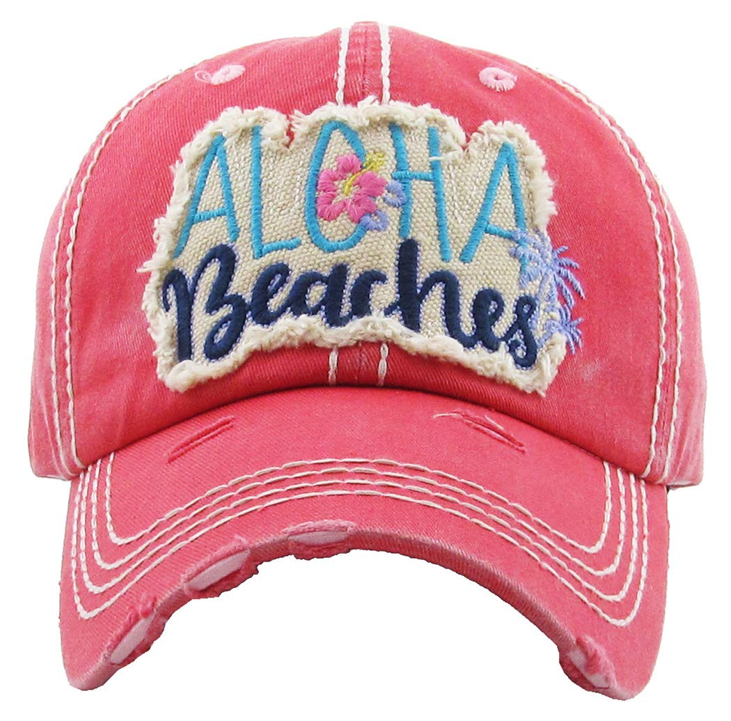Distressed Baseball Cap Vintage Dad Hat - Aloha Beaches (Coral)