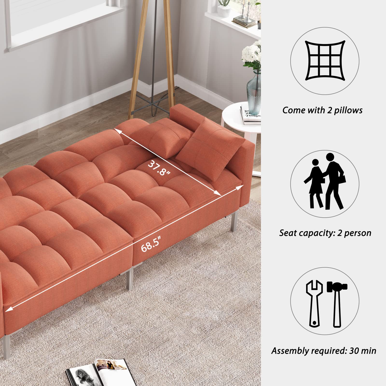 DEEF Linen Upholstered Modern Convertible Folding Futon Sofa Bed for Compact Living Space Apartment Dorm,Two Seat,Orange