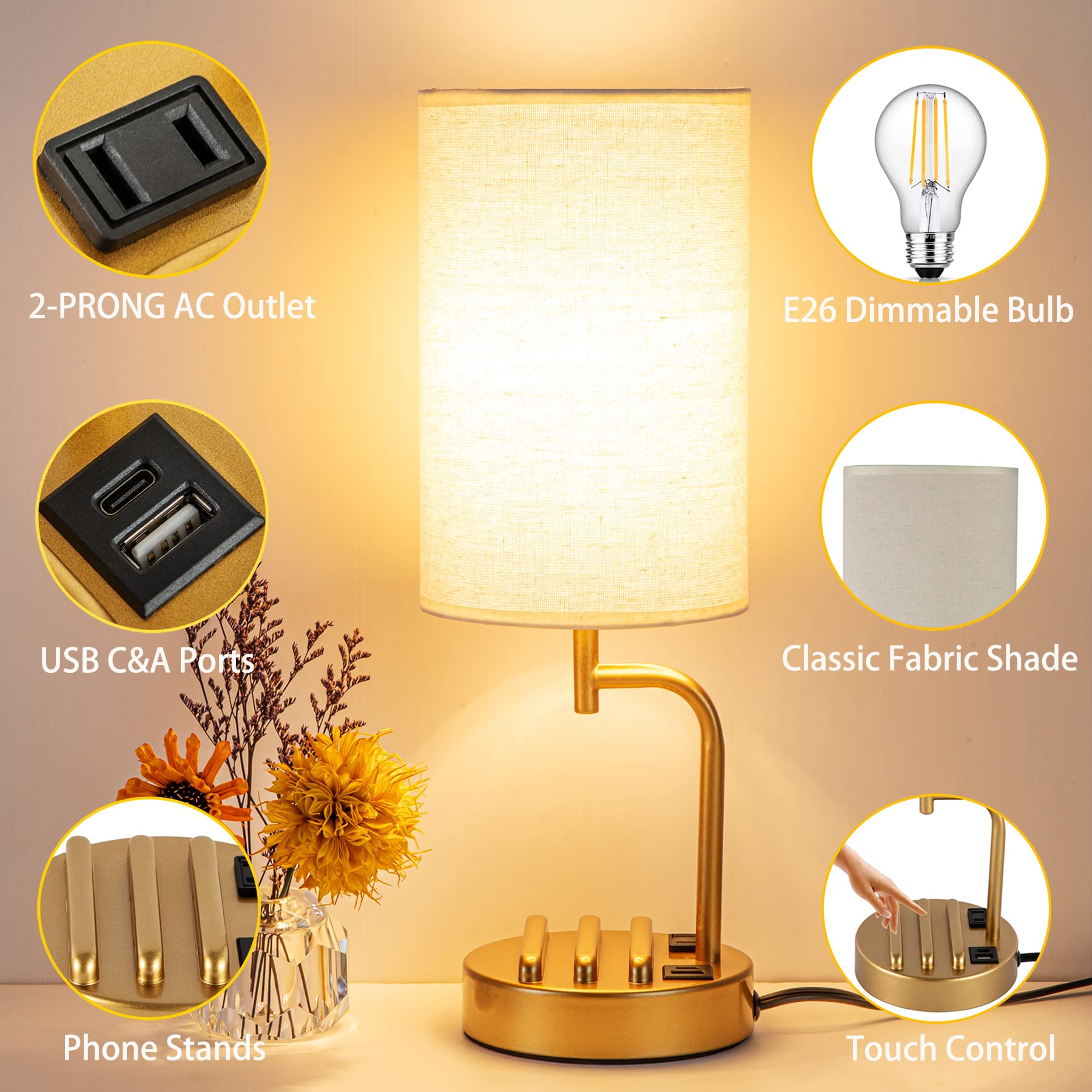 Dreamholder Touch Control USB Table Lamp, Upgraded 3-Way Dimmable Bedside Desk Lamp with USB C & A Charging Ports and AC Outlet, Nightstand Lamp for Bedroom, Dimmable 9W LED Bulb Included