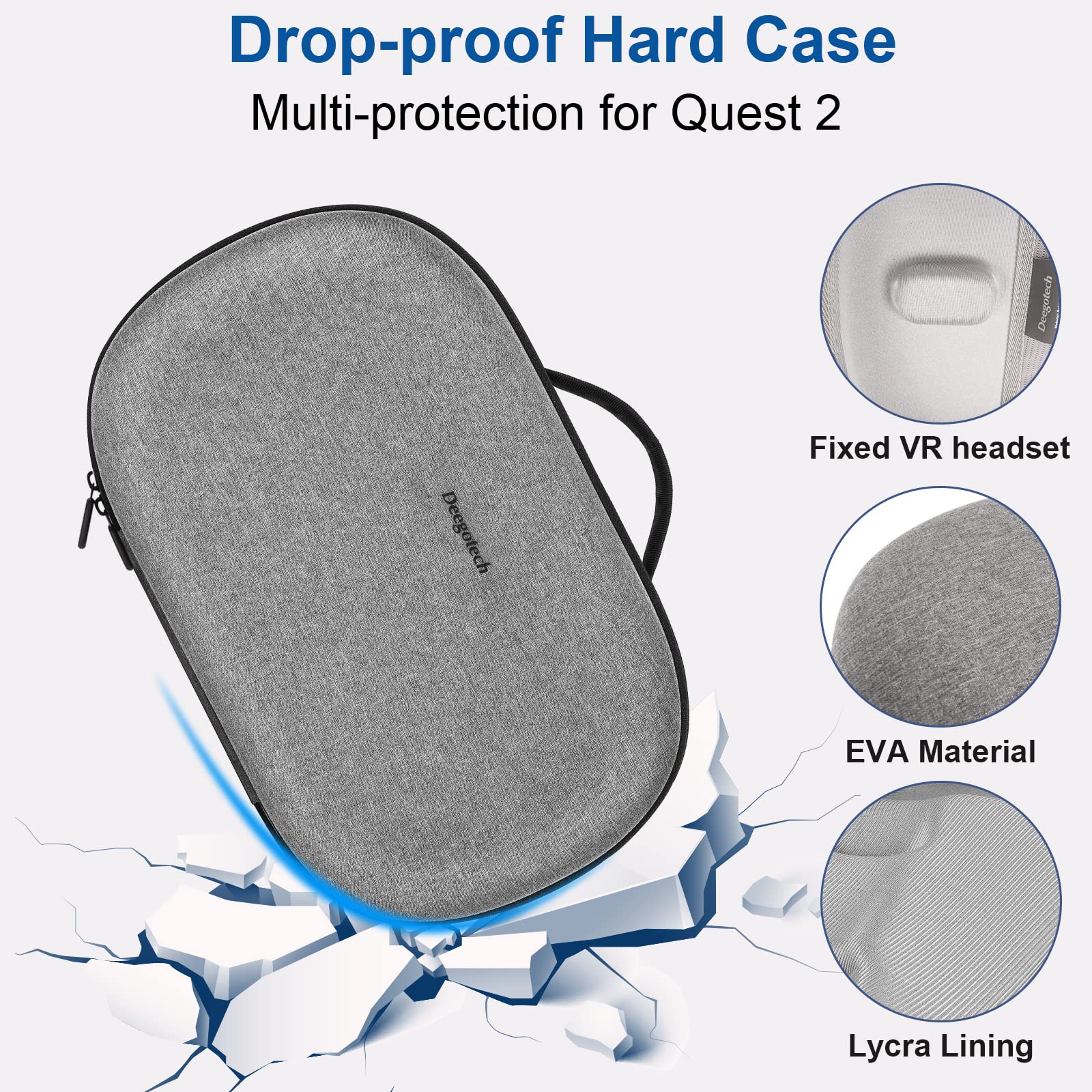 Deegotech Carrying Case for Oculus Meta Quest 2, Anti-Drop Hard Protective Case Compatible with Quest 2 Elite Strap VR Headsets and Touch Controllers, Large Travel Storage Bag, Grey