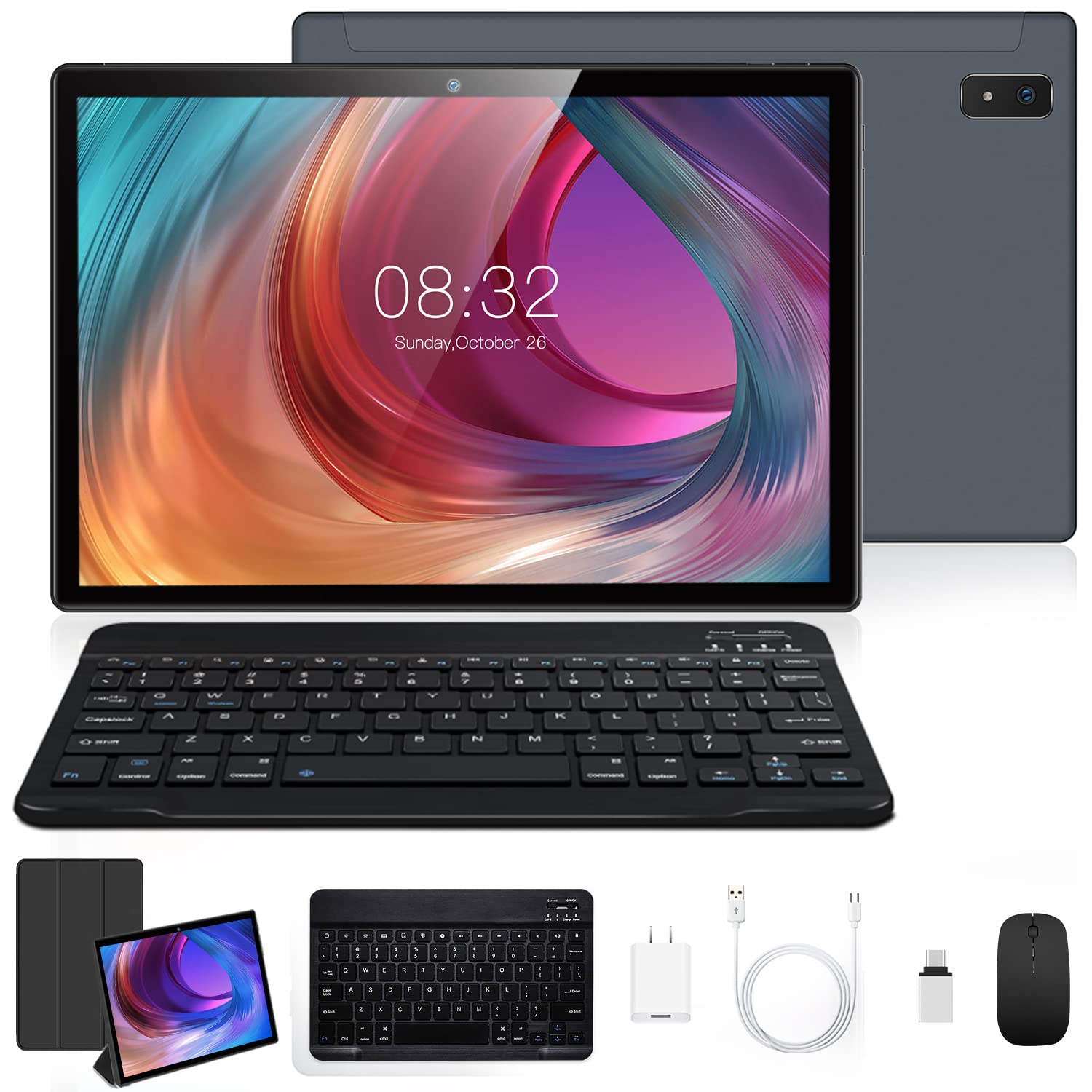 DUODUOGO Android 11 Tablet Computer with Keyboard, 2 in 1 Tablet, 10 inch Tablet HD, Dual Camera, 4GB+64GB+256 Expandable,Octa-Core Processor, 6000mAh, Bluetooth, FM, WiFi Tablet(Gray)