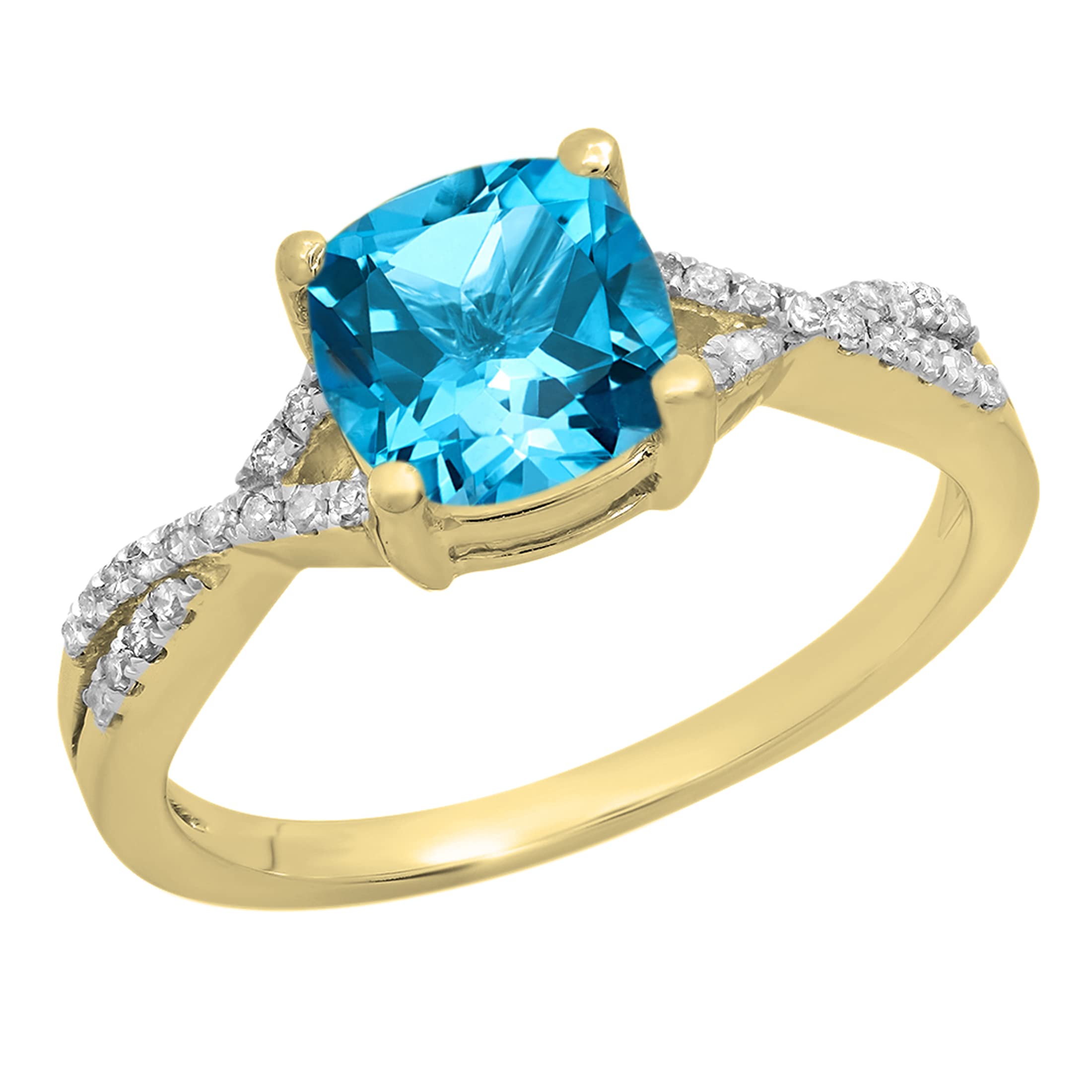 Dazzlingrock Collection 7MM Cushion Blue Topaz & Round White Diamond Swirl Crisscross Split Shank Engagement Ring for Women | 14K Yellow Gold, Size 7.5