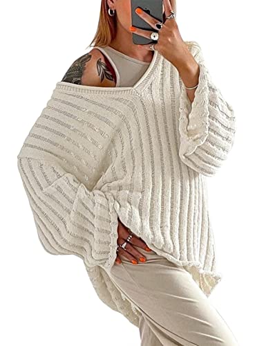 MISSACTIVER Women’s Oversized Long Sleeve Sweater Sexy V Neck Off Shoulder Knit Solid Drop Shoulder Shirt Pullover Sweaters(Small,Beige)