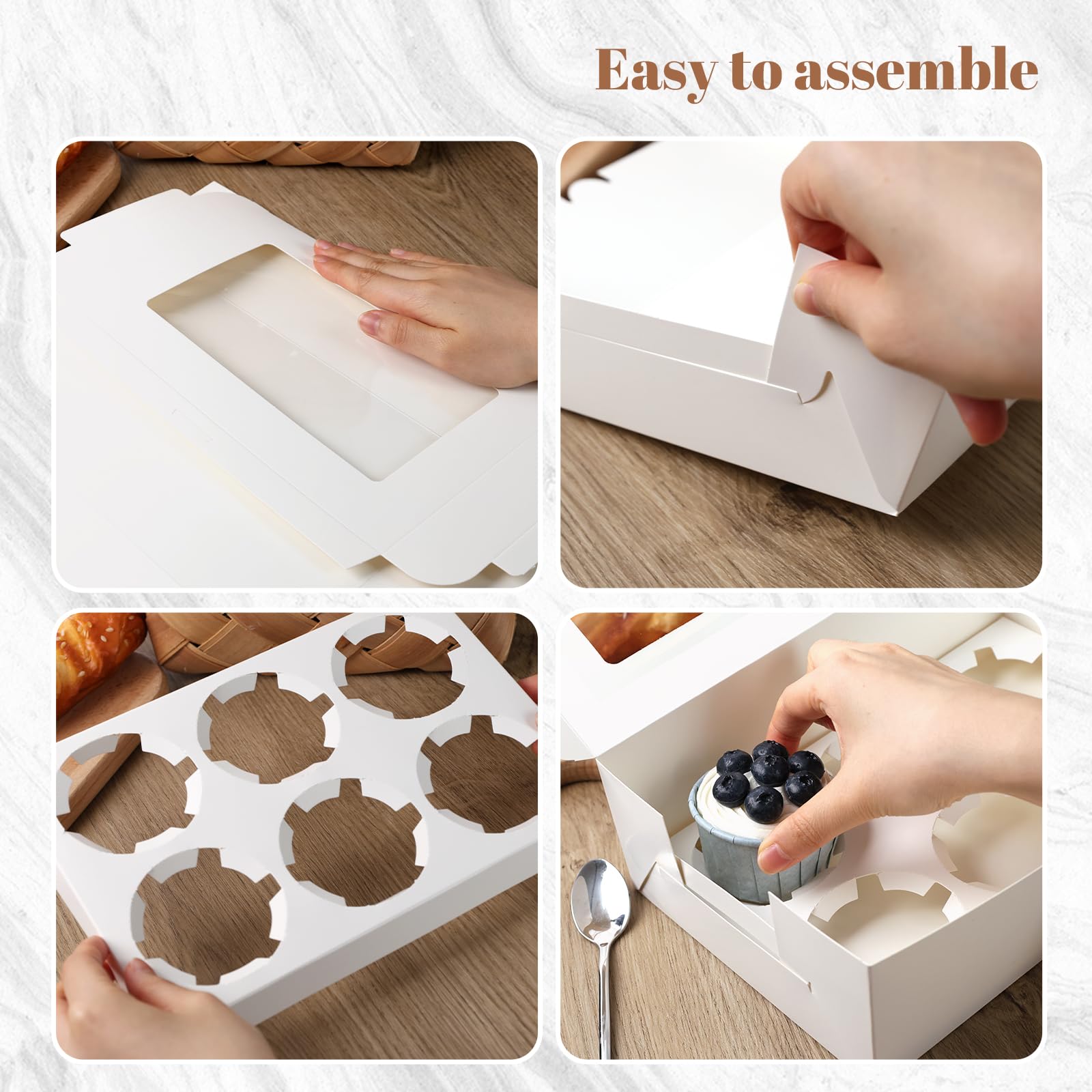 HANSGO 6 Count White Cupcake Boxes, 15PCS Cupcake Containers with Window Cupcake Holders Bakery Boxes for Birthday Holiday Party