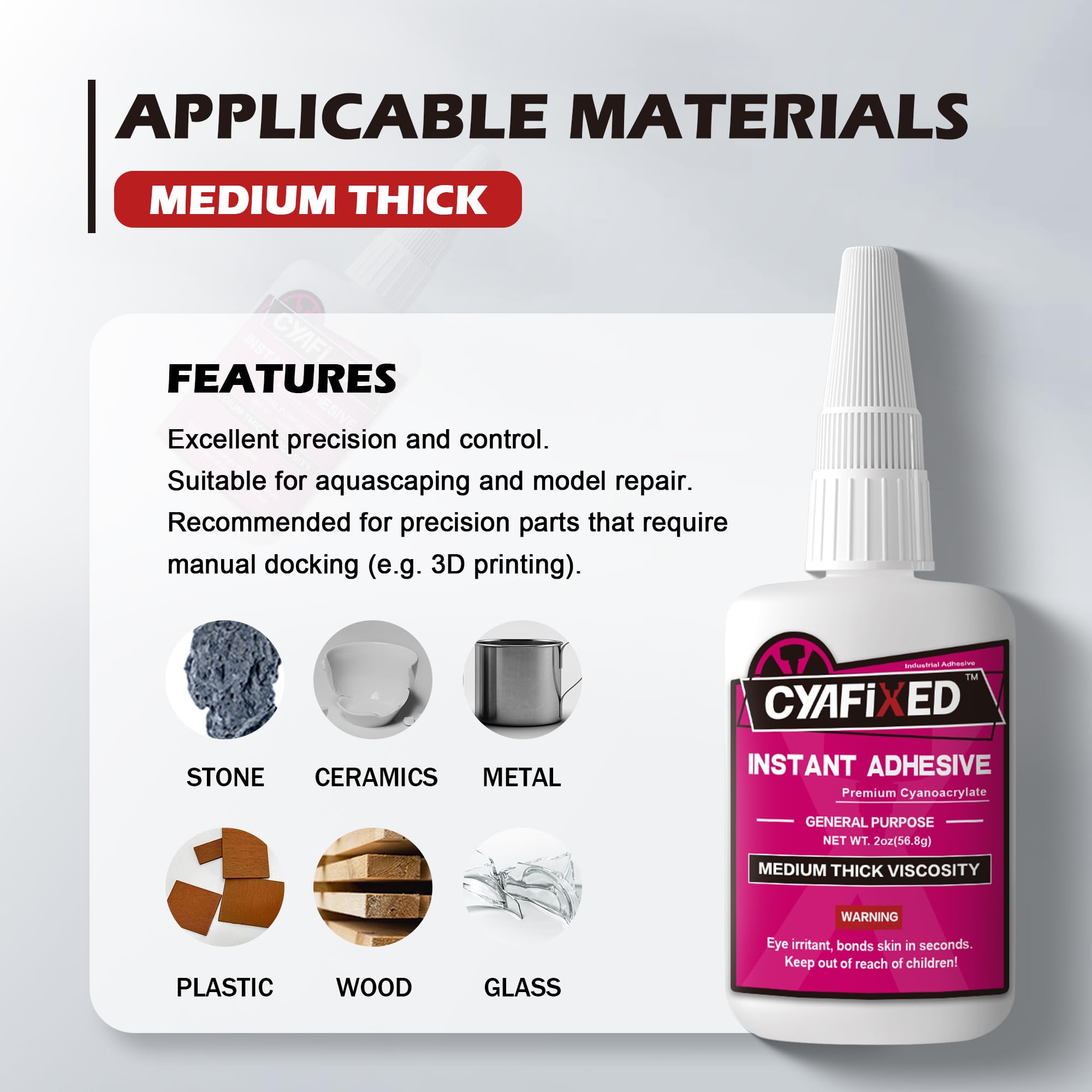 CYAFIXED Strong Cyanoacrylate (CA) Super Glue, Impact Resistant Medium-Thick Viscosity Instant Adhesive, 1 oz. (28.3 Grams) - CA Glue for 3D Printing, Aquascape and Hobby Models