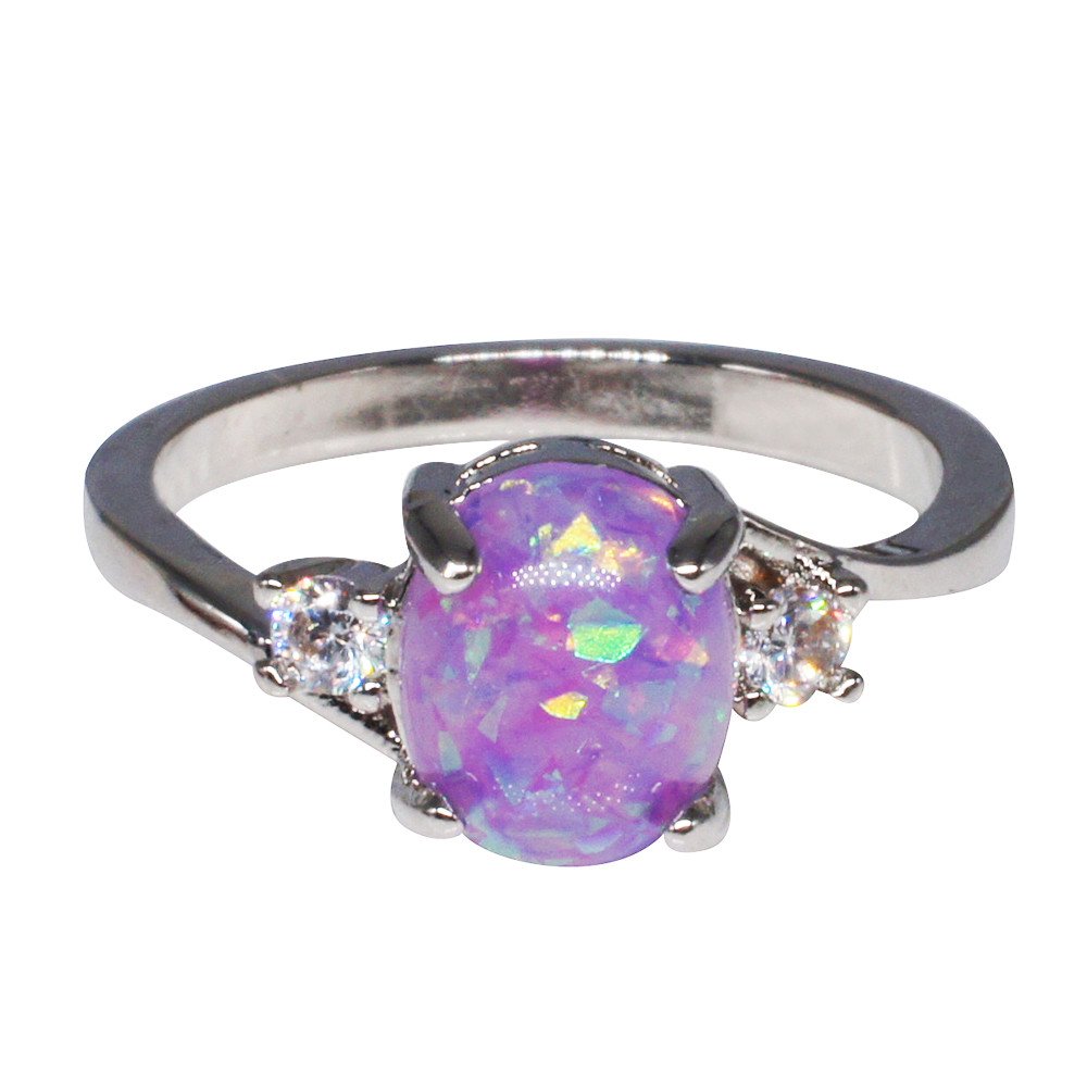 Exquisite Women's Sterling Silver Ring Oval Cut Fire Opal Diamond Band Rings Stacking Rings (Purple, One Size)
