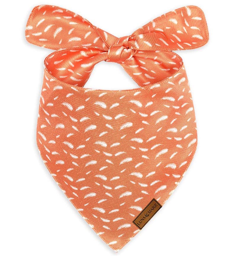 LunaMarie - Luxury Pet Birthday Bandanas -Premium & Silky Poly Fabric | 100% Handmade | Custom Shape Dual Layered (Orange Feathers, Small)