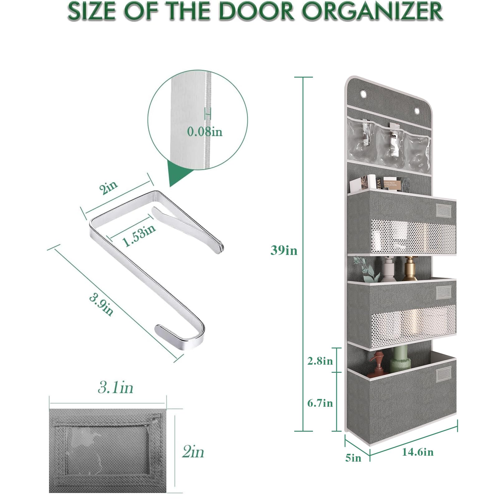 DonYeco Over The Door Hanging Organizer - 6 Pockets for Daily Essentials Storage, Fixing Stickers and Blank Index Cards Included, 39" x 5" x 14.6", Non-woven Fabric, Grey