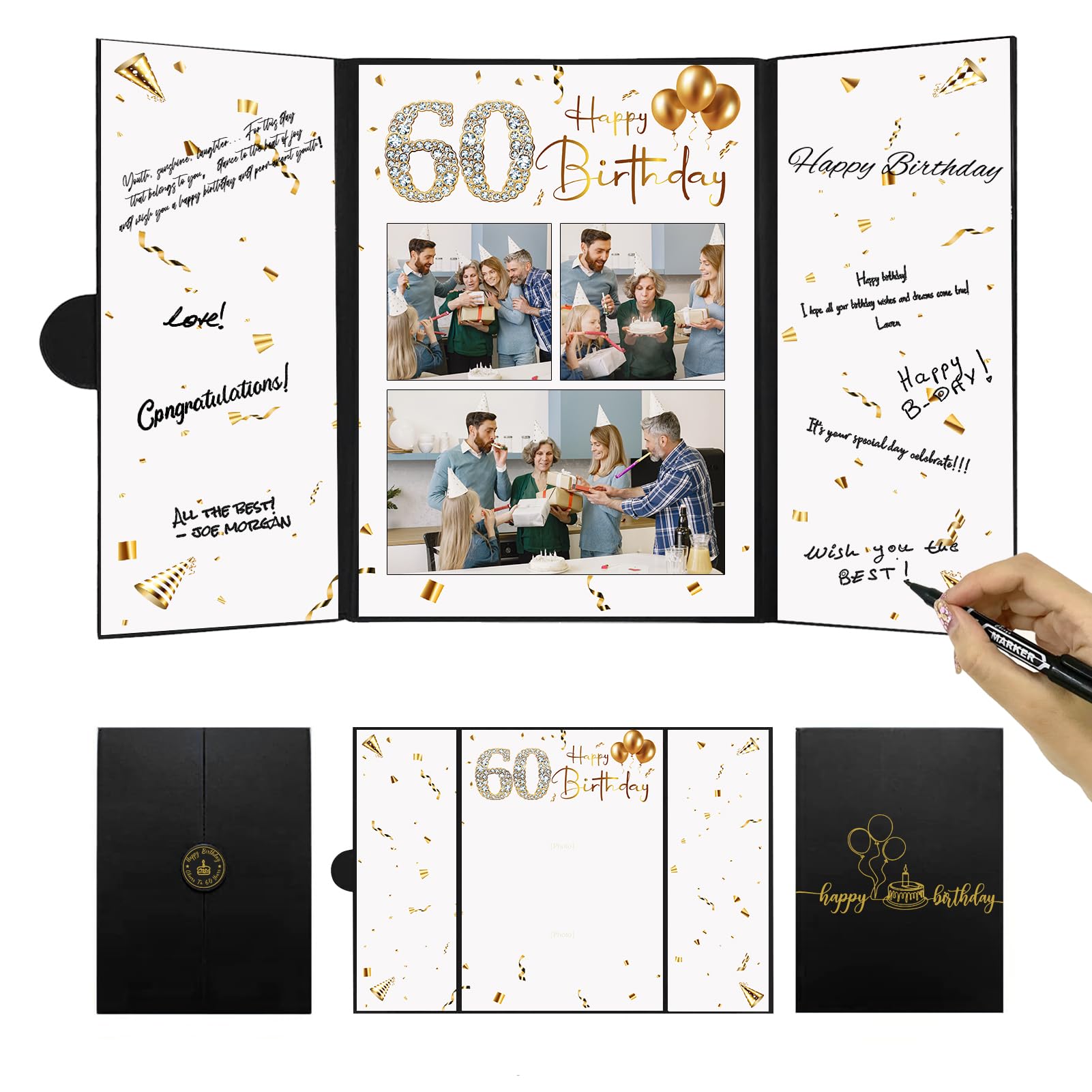 DARUNAXY Black Gold 60th Birthday Party Decorations, Happy 60th Birthday Alternative Signature Guest Book for Men Women 60 Years Old Table Sign Picture Frame Gift 60 Birthday Card Board Party Supplies