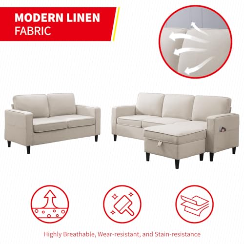PUREMIND 2 Pieces Sofa Set Sectional Sofa Couch for Living Room,3-Seat L Shape Convertible Sofa with Storage Ottoman and Loveseat Set,Linen Fabri Modular Sectional Sofa Set