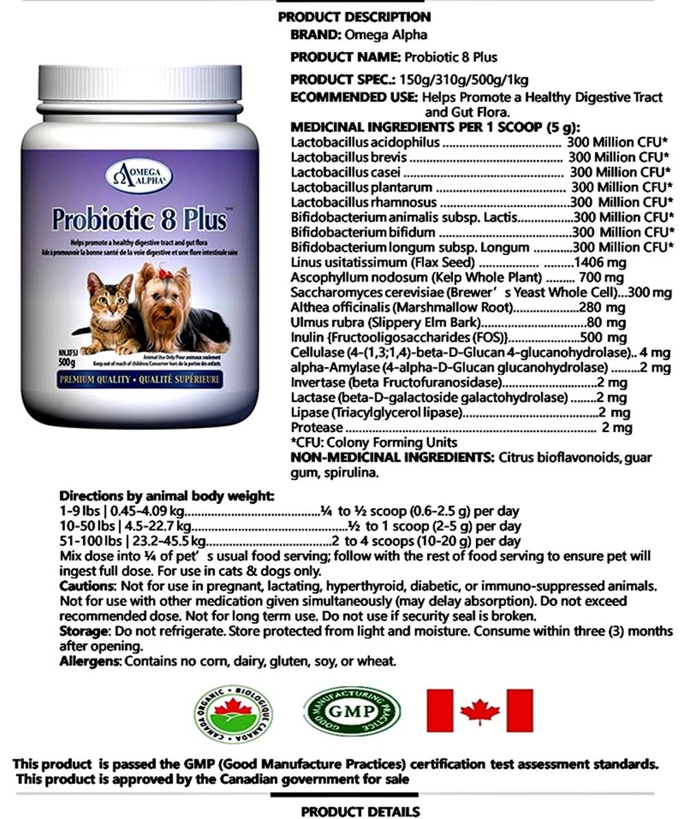 Omega Alpha Pet Probiotic 8 Plus - Probiotics, Enzymes, and Fibre for Better Pet Digestion.-500g