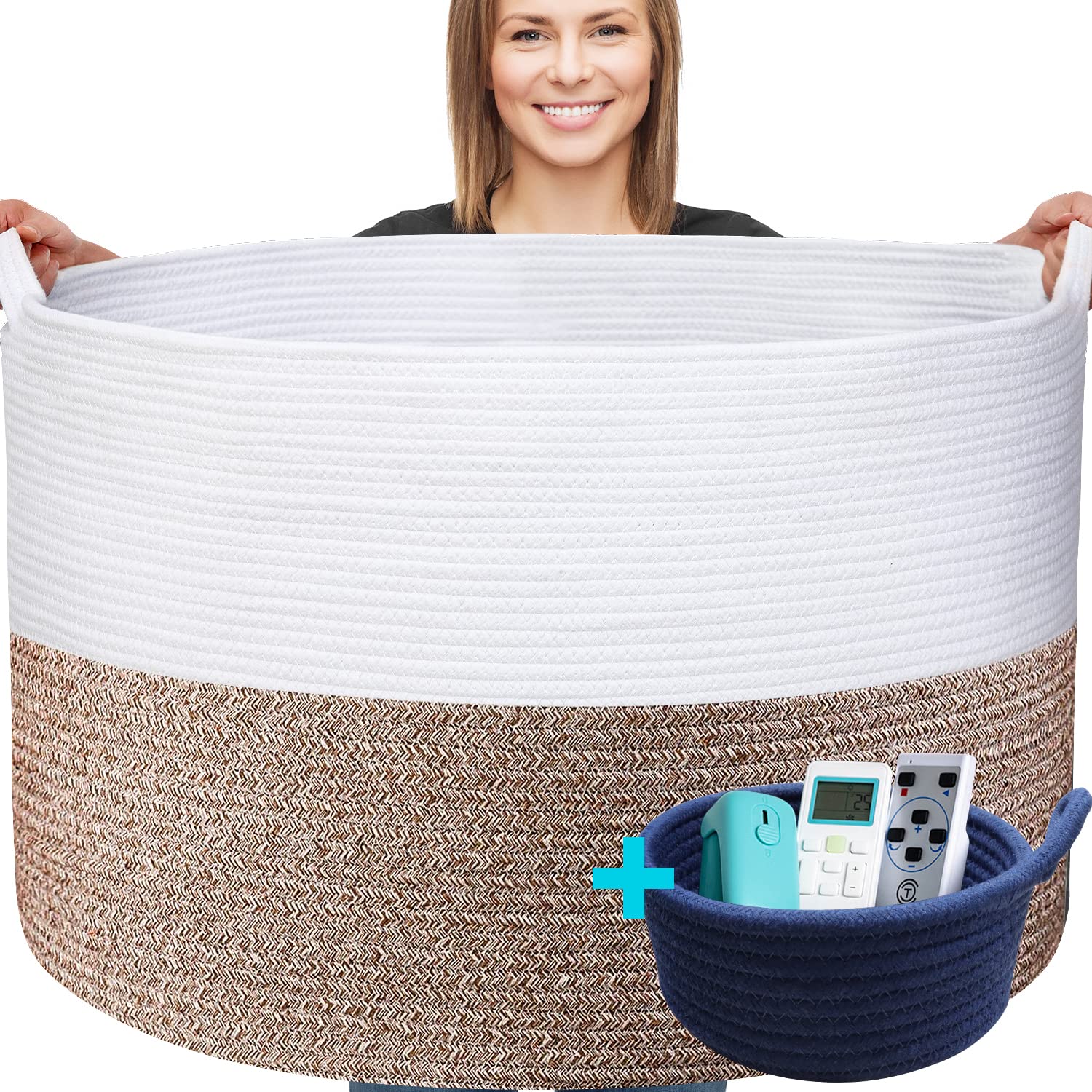 XXXL Blanket Basket Large Blanket Storage Living Room 21.7" x 21.7" x 13.8" Basket for Storing Blankets and Toys + Small Basket for Toys, Keys| Basket for Blankets Brown and White