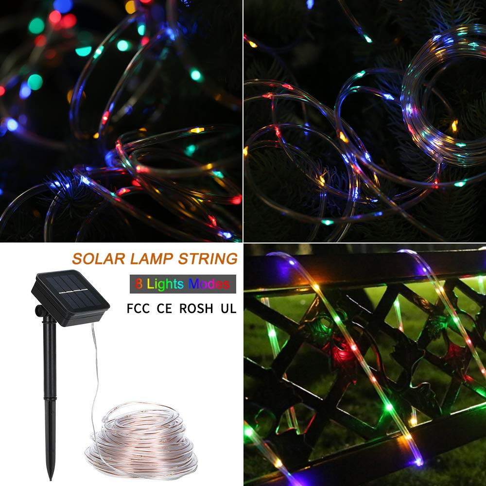 Decdeal Solar String Lights, 46ft 120 LED Rope Light 8 Modes Warm White Lights for Party Garden Home Festival Decoration